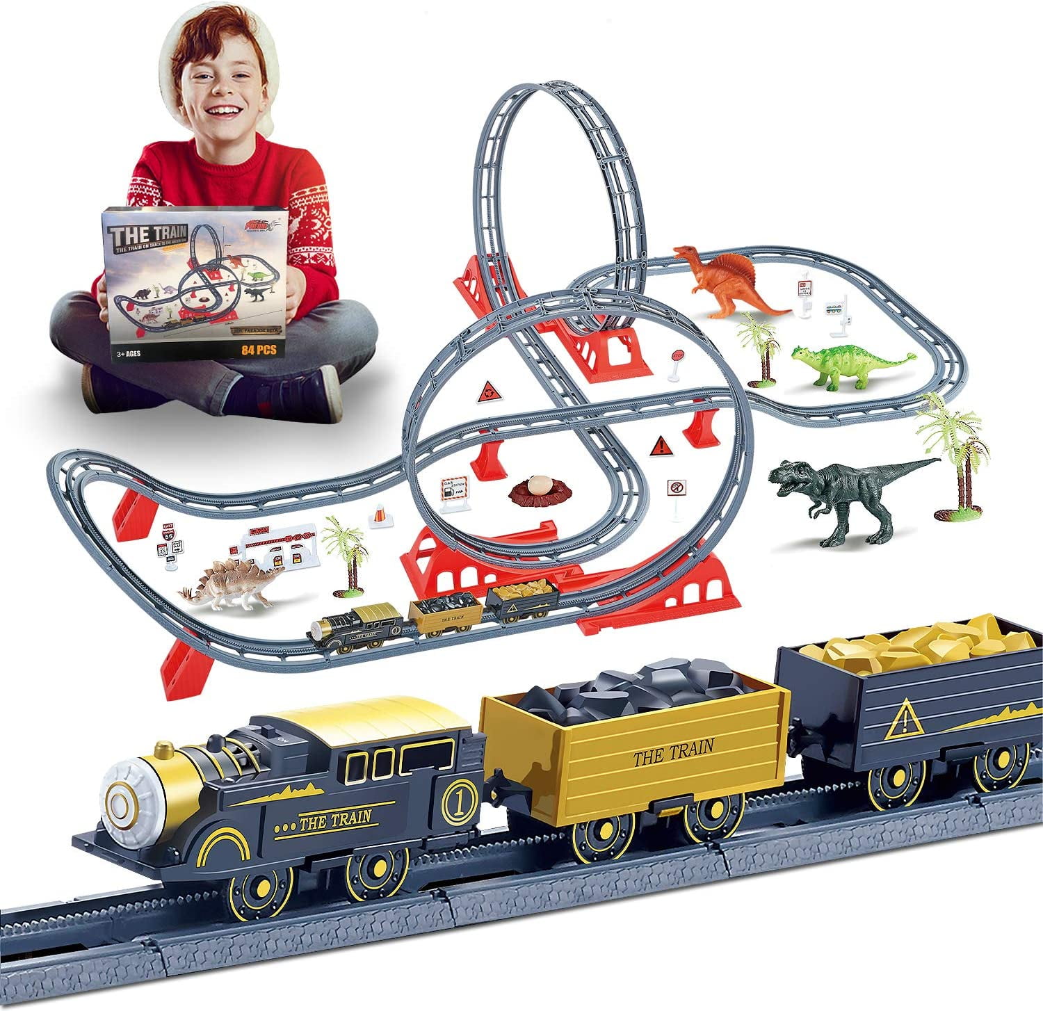 FANL Train Set Toy Railway Track with Dinosaurs,Electric Locomotive ...