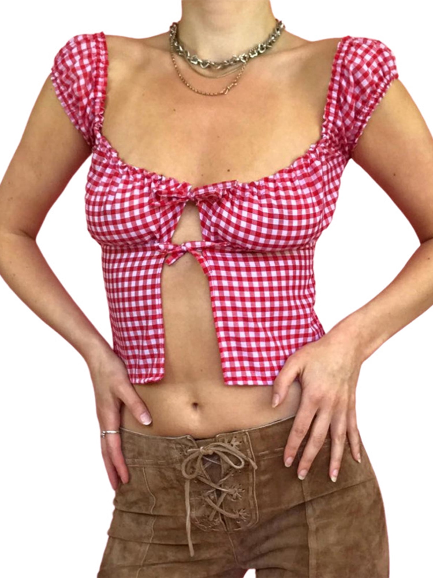 TFFR Women Plaid Tops Tie Up Low Cut Vest Summer Bandage Crop Tops ...