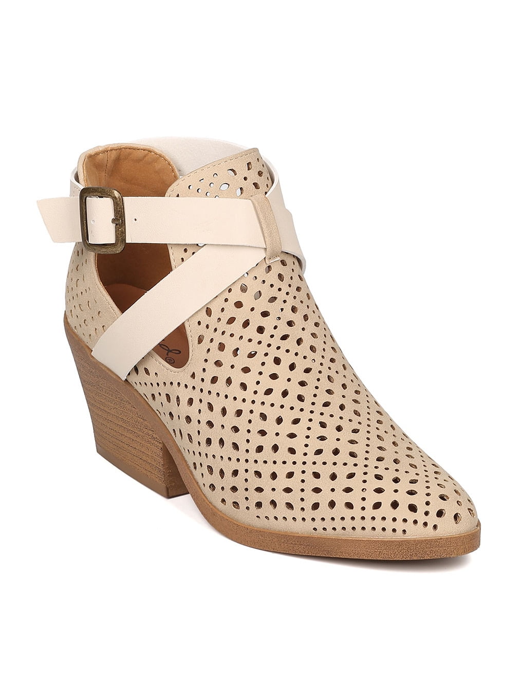 New Women Qupid Zora-13 Nubuck Perforated Cut Out Block Heel Bootie ...