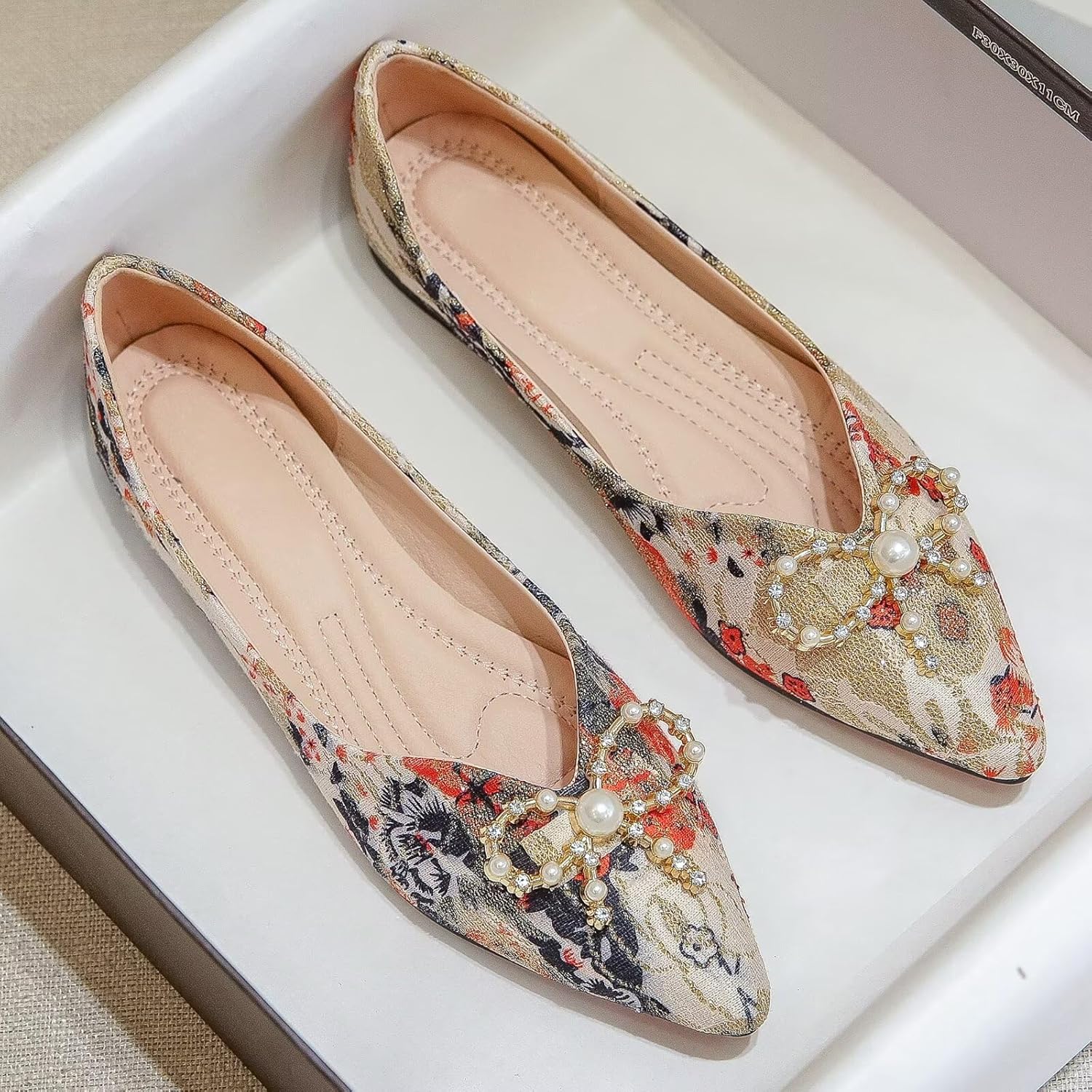 Pointed Toe Flats With Flowers Gold Glitter Ballet Flats Pointed Toe