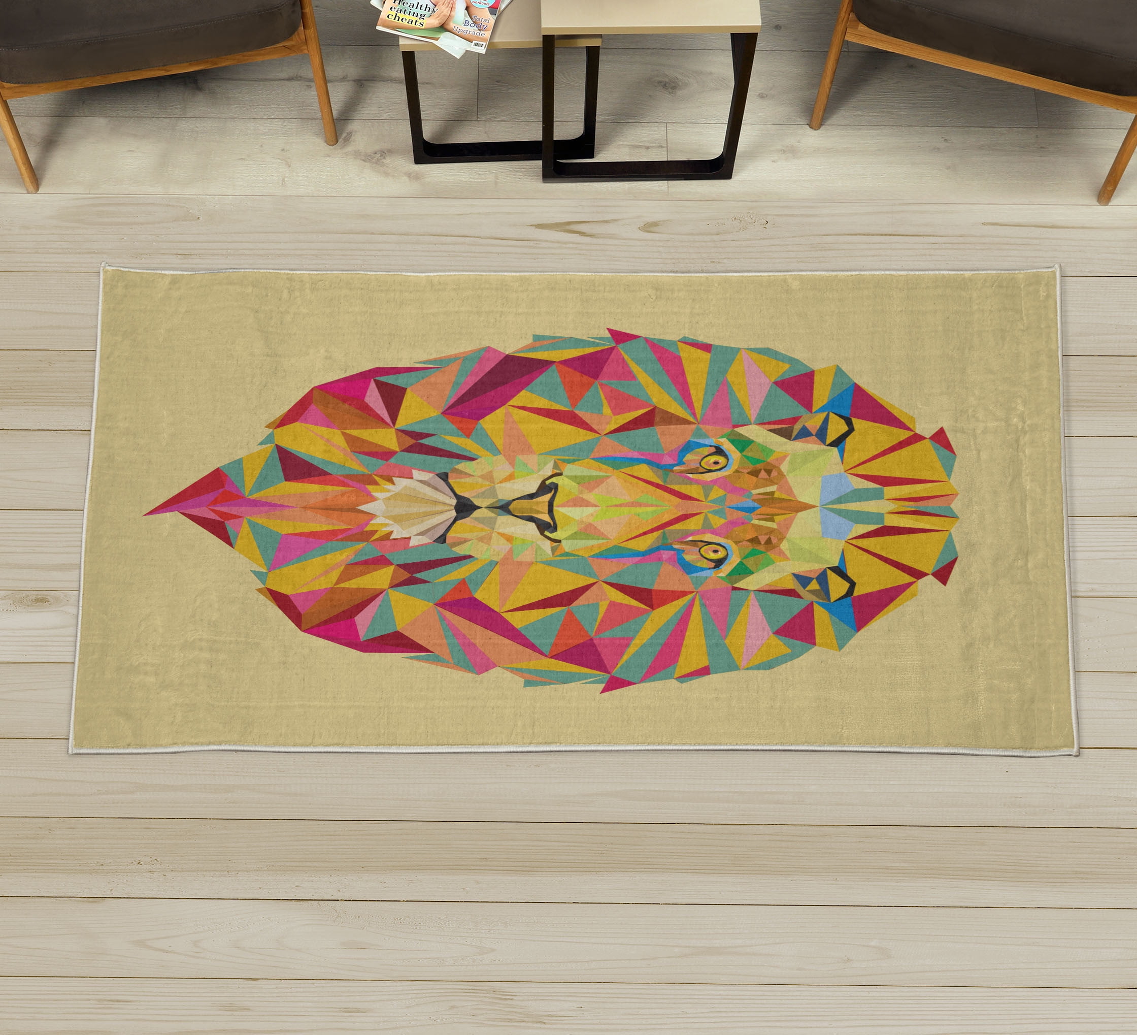 Zoo Decorative Rug, Colorful Animals Geometric Diamond Face Lions Mane ...