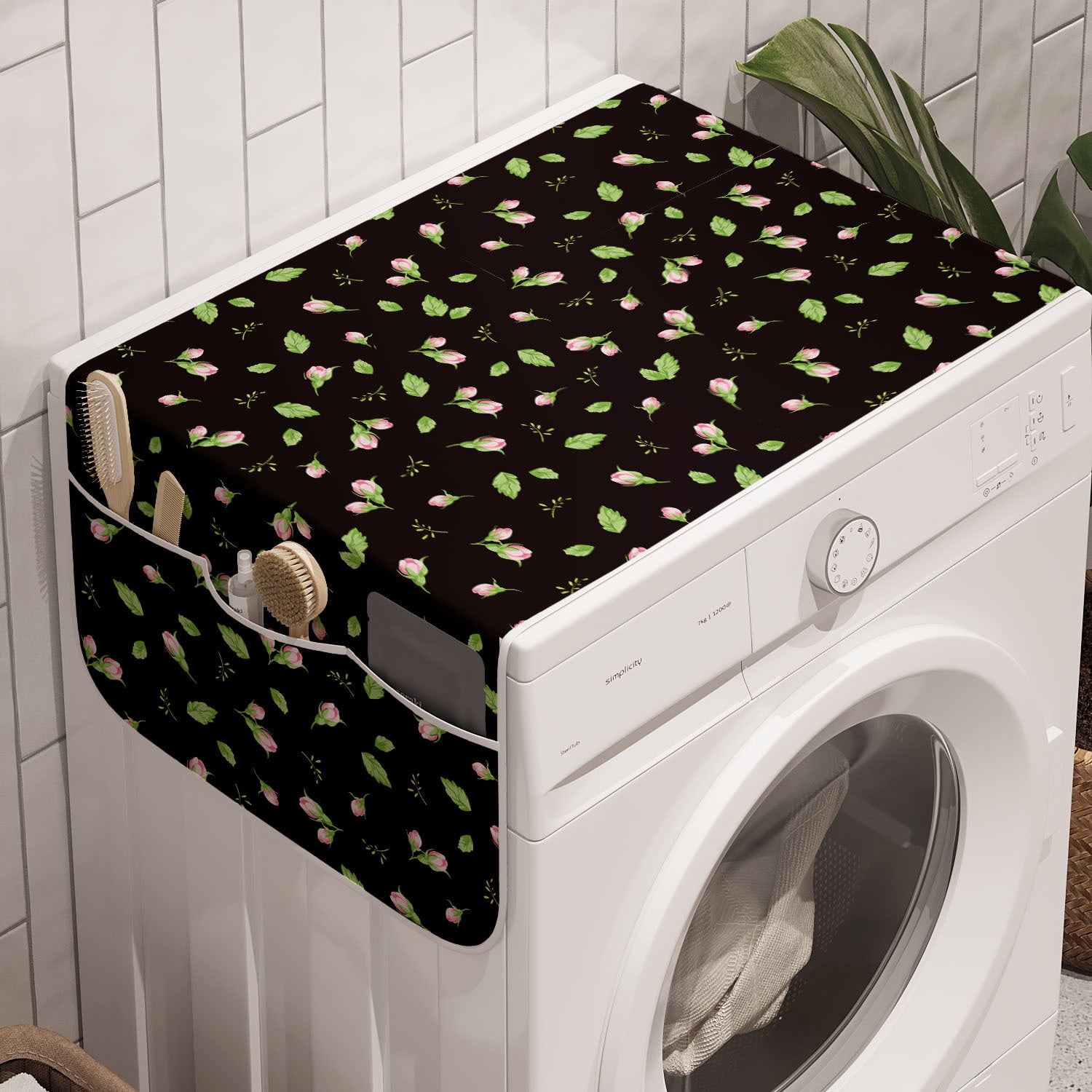 Rose Washing Machine Organizer, Rosebuds with Stems and Leaves on Dark ...