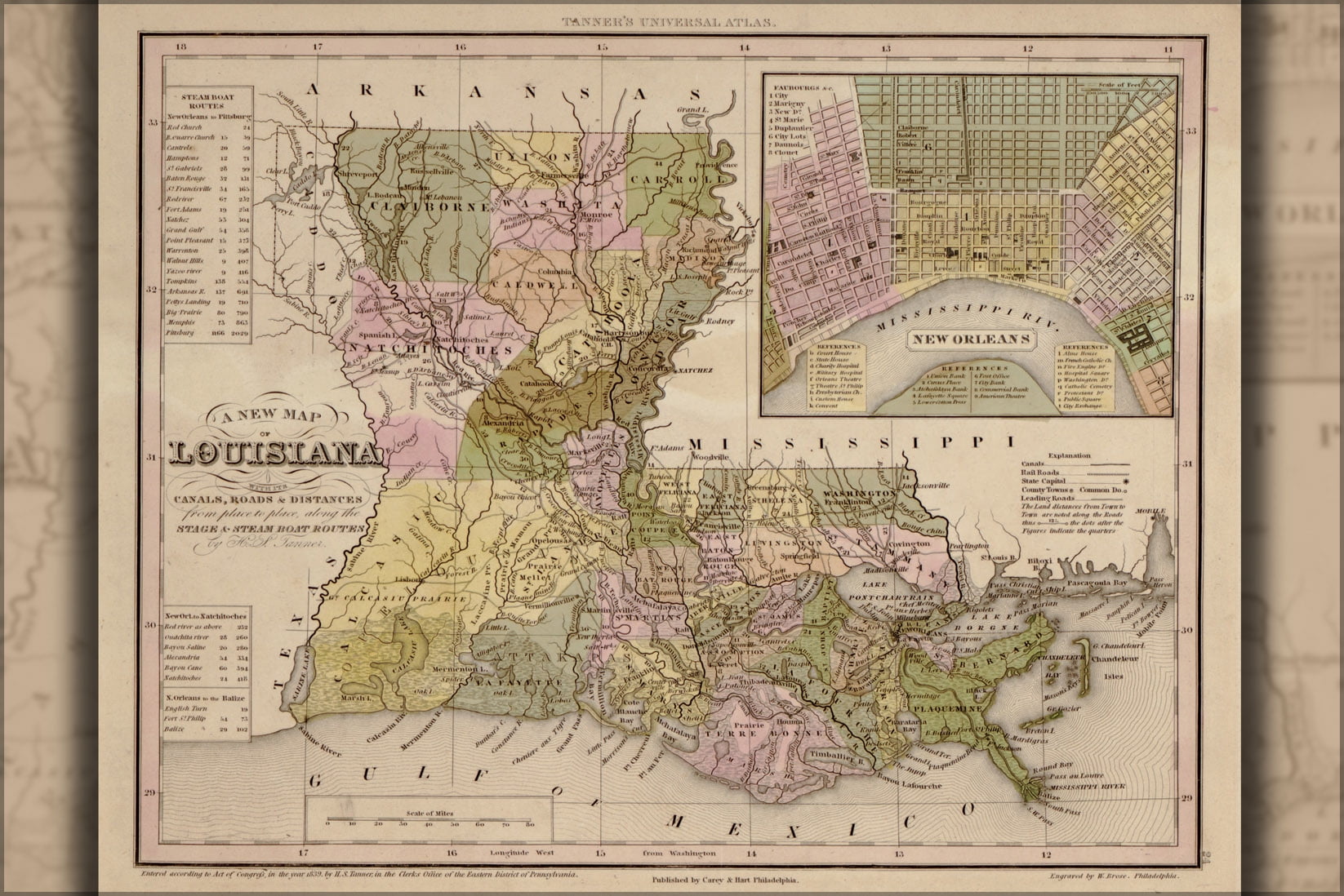 24"x36" Gallery Poster, map of Louisiana 1844 - Walmart.com