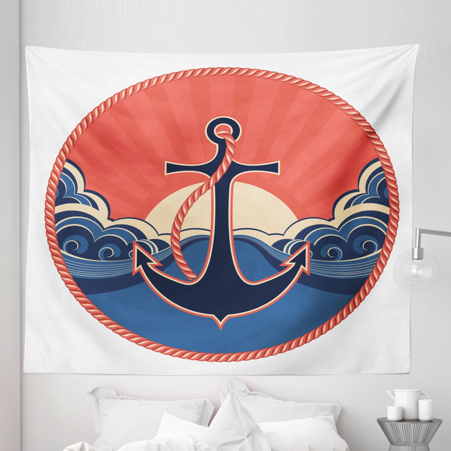 Nautical Tapestry, Navy Emblem with and Sea Waves at Sunset Anchor ...