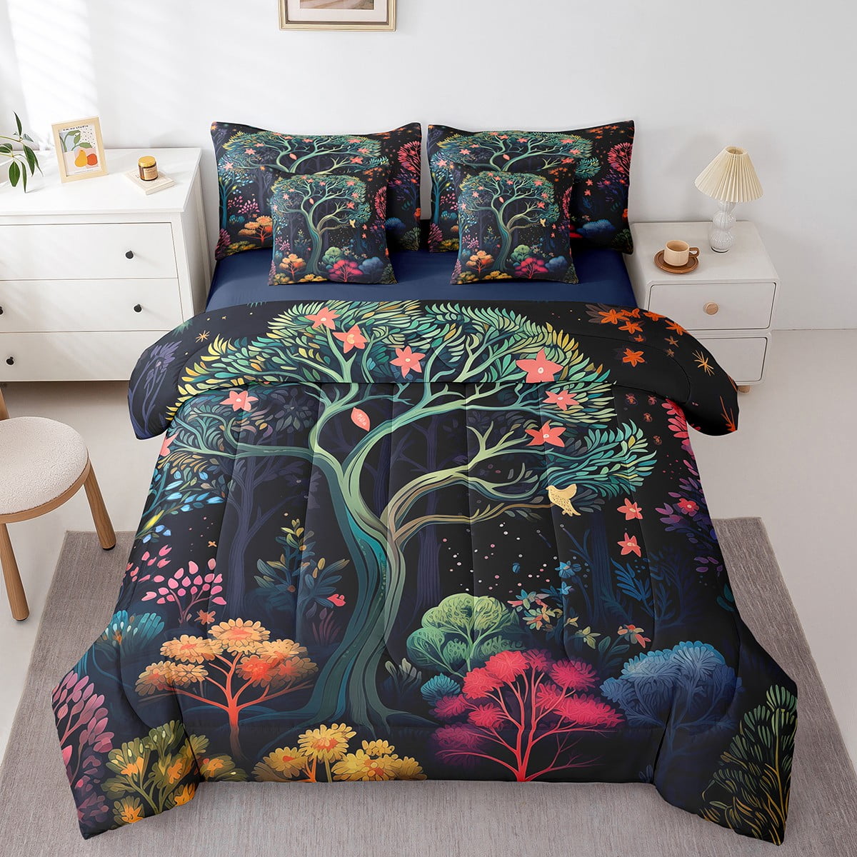 Boho Flower Floral Queen Size Comforter Set 7 Pieces,Colorful Woodland ...