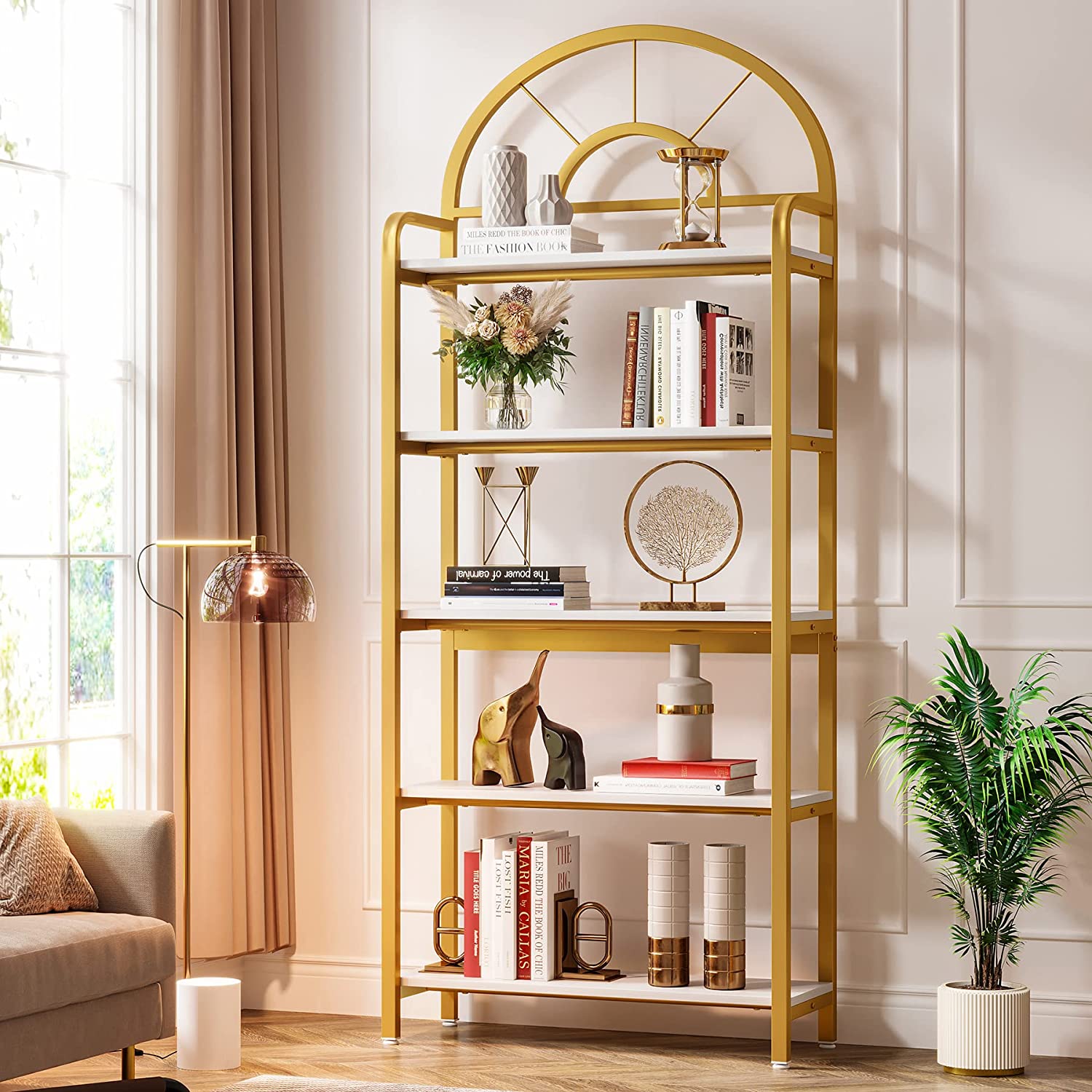 Dextrus 4 Tier Arched Bookshelf and Bookcase, Gold Modern Open Book ...