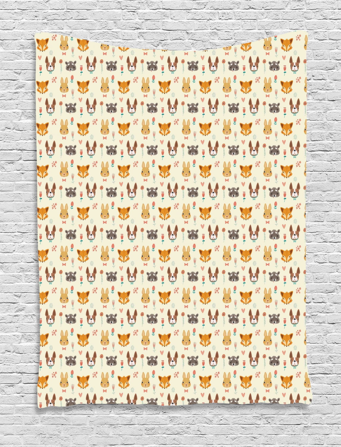 Woodland Creatures Tapestry, Repetitive Animals Pattern with Floral ...