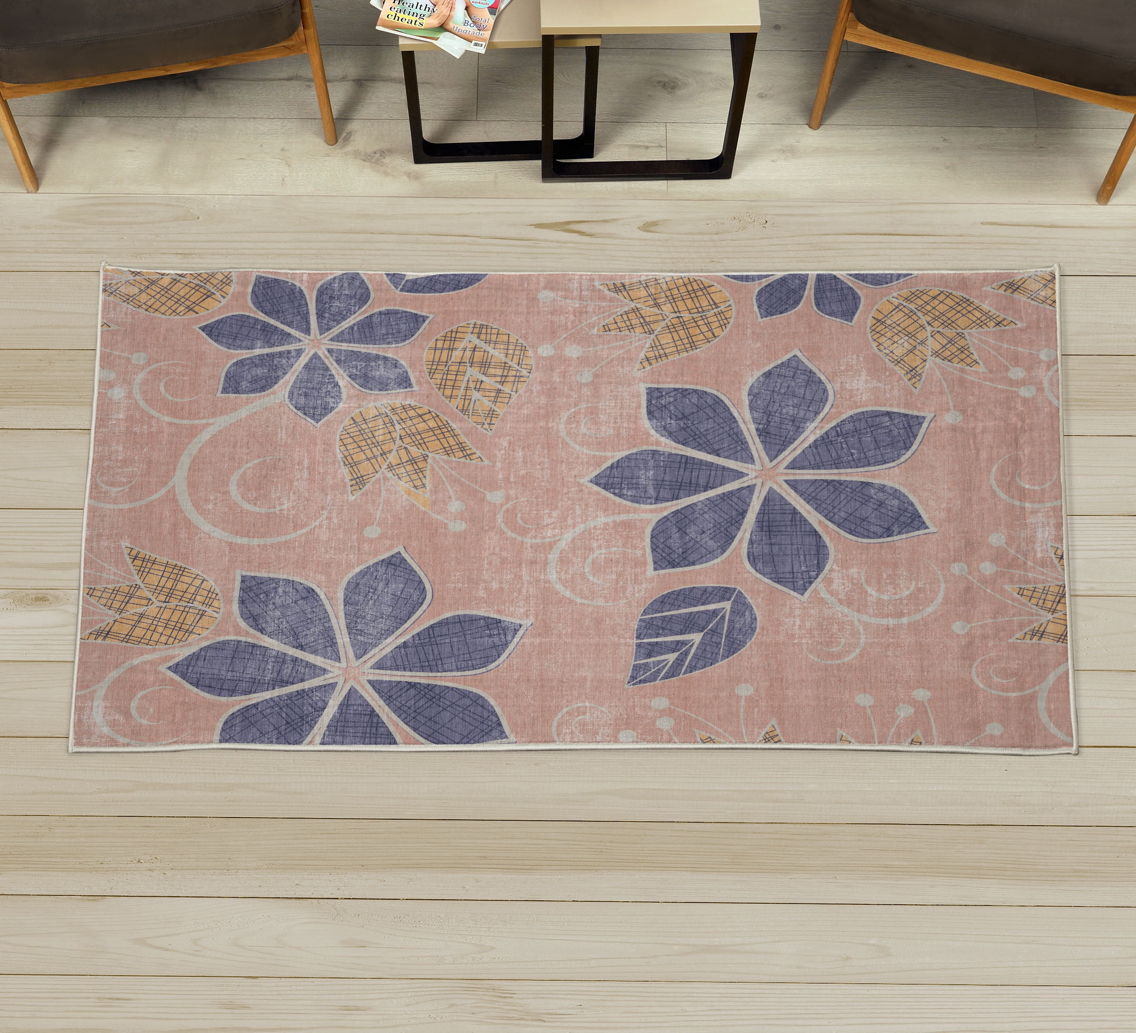 Floral Decorative Rug, Delicate Flowers with Swirling Ivy Branches ...