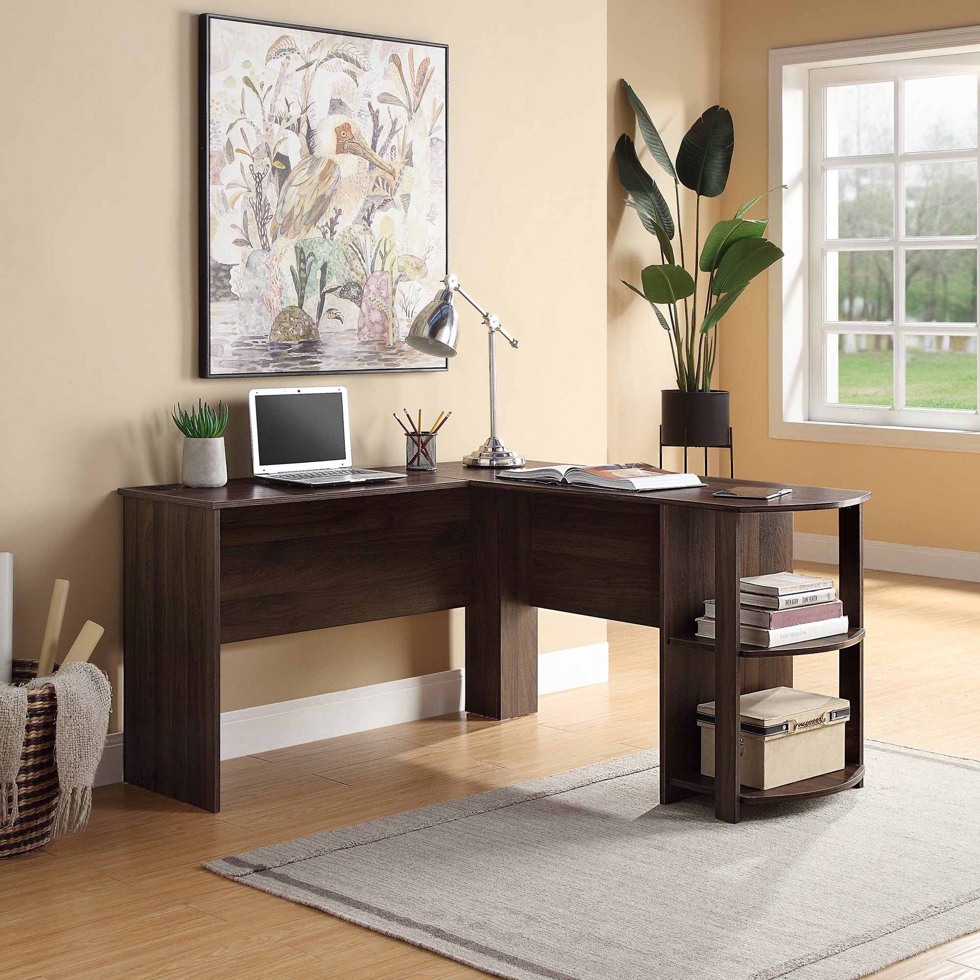BELLEZE Kent L Shaped Home Office Desk Wood Corner Computer Desk Dark BELLEZE Kent L Shaped Home Office Desk Wood Corner Computer Desk Dark