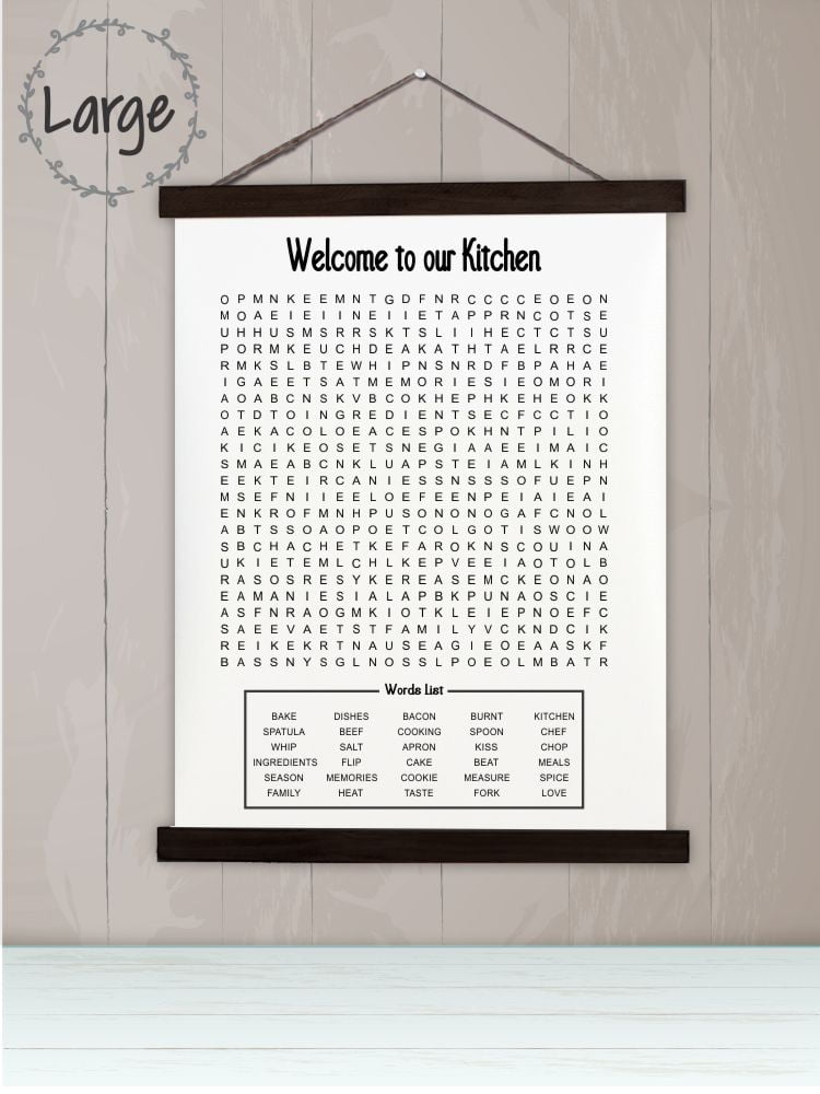 Black Wood, Canvas Sign, Kitchen Decor Word Search Puzzle Art Print ...