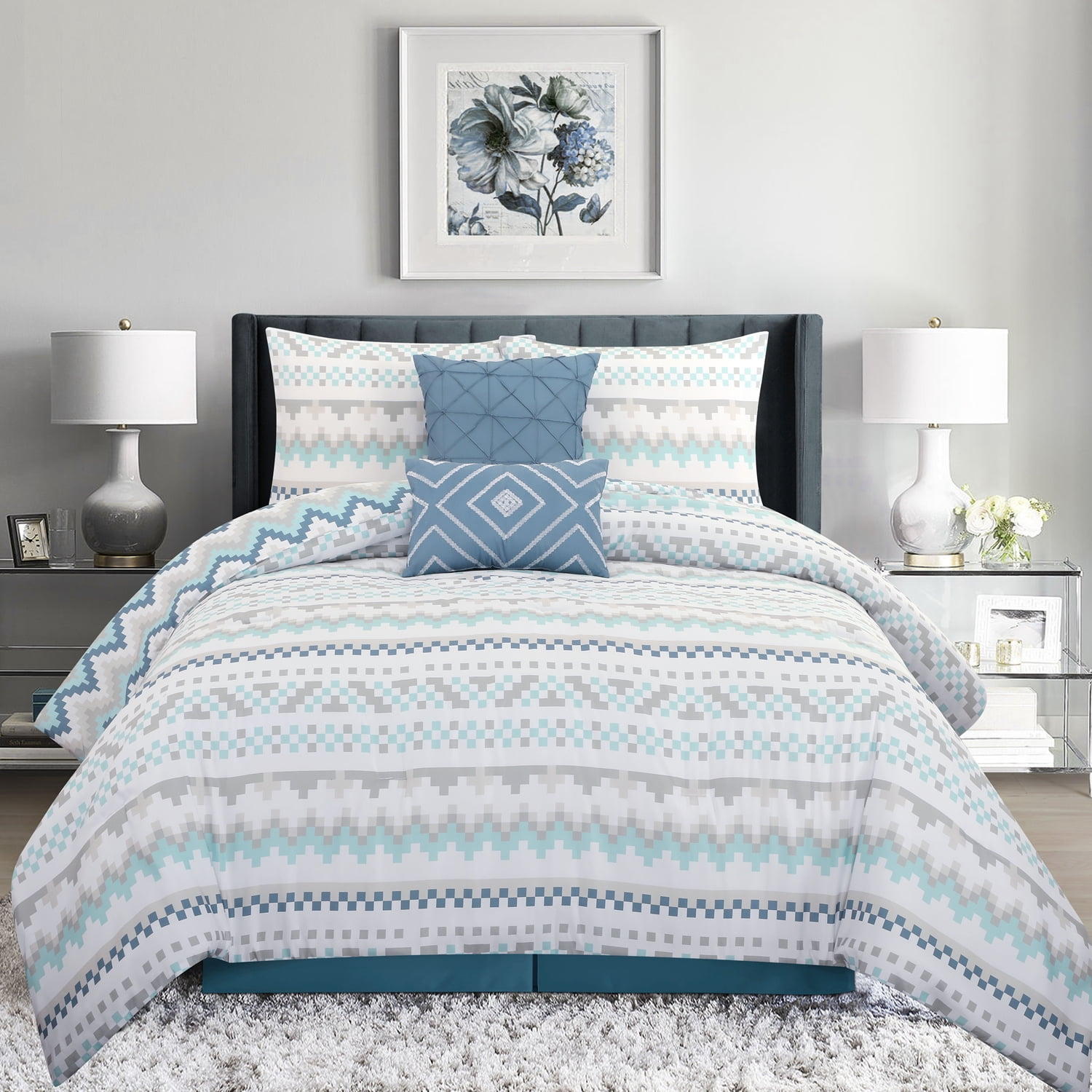Lanco Blue Queen Size Comforter Set , 6 Piece , Microfiber Print ...
