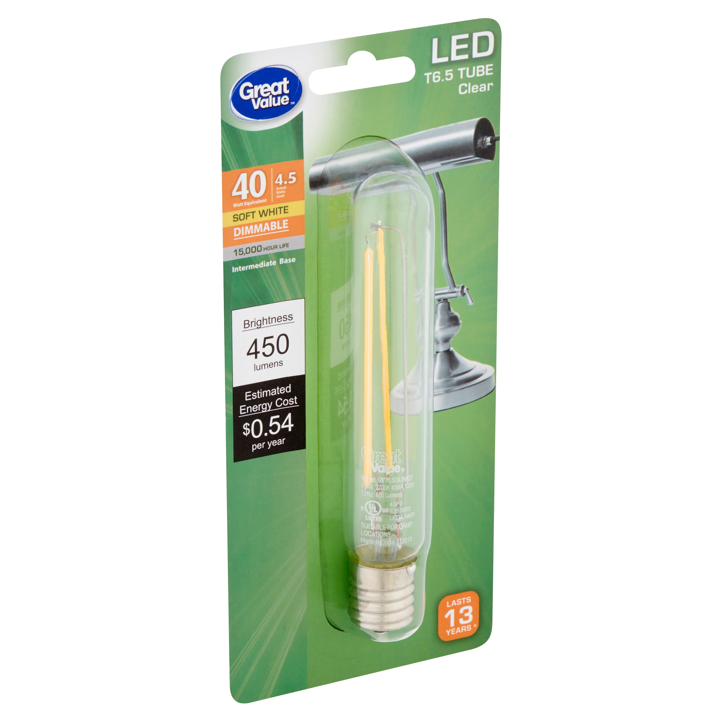 Great Value LED T6.5 Tube Clear 4.5 Watts Soft White Intermediate Base ... Great Value LED T6.5 Tube Clear 4.5 Watts Soft White Intermediate Base ...