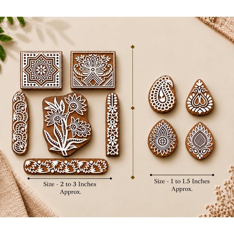 Floral Tile & Paisley Motif Wooden Block Stamps Set of 10 DIY Craft ...