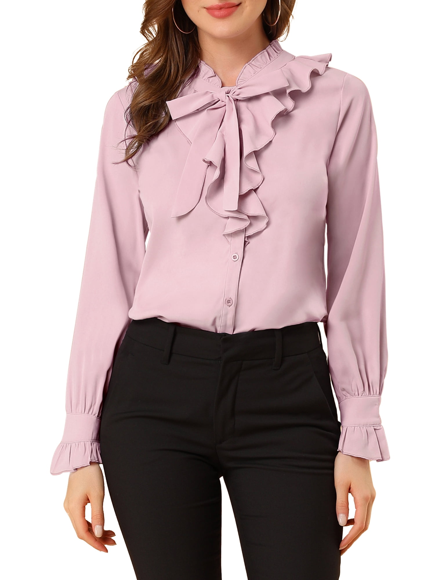 Allegra K Women's Ruffle Neck Tie Neck Ruffle Cuff Button Front Solid ...