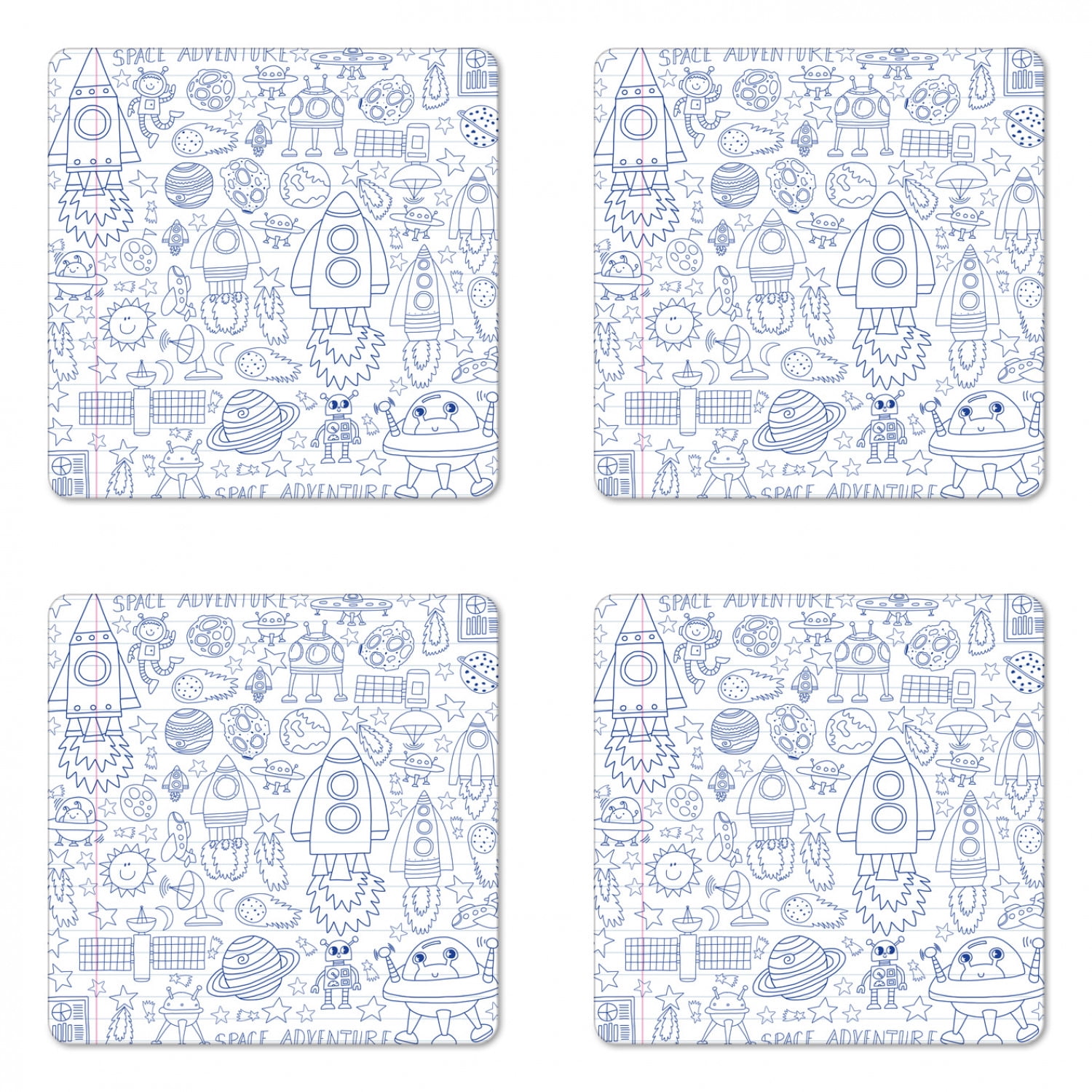 Doodle Coaster Set of 4, Outline Hand Drawn Cosmic Objects and Space ...