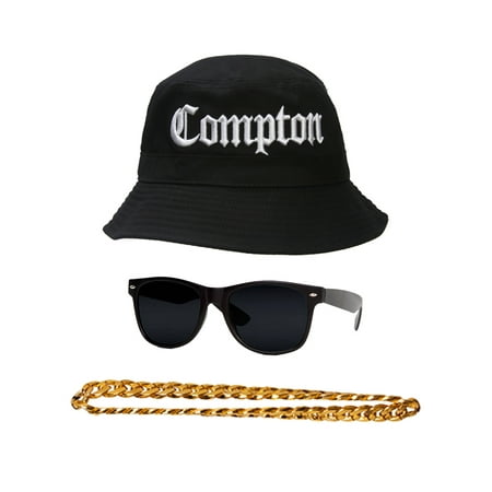 Compton 80s Rapper Costume Kit - Bucket Hat w/ Sunglasses and Chain ...