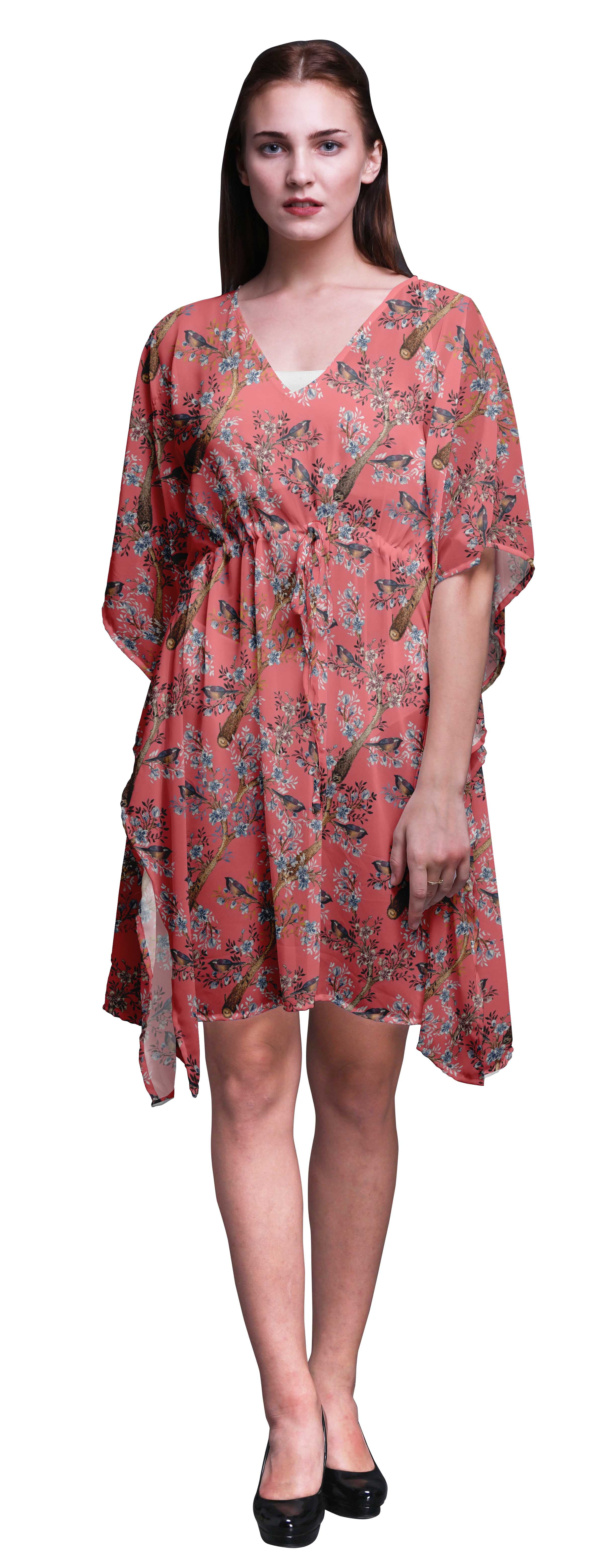 Bimba Dark Peach Bird Blue Floral & American Robin Short Caftan Midi ...