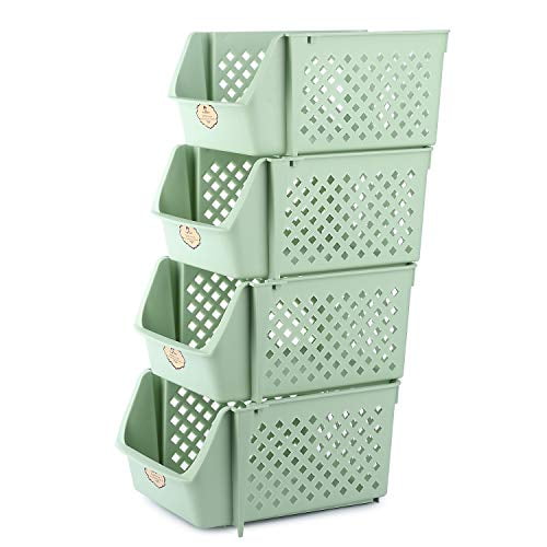 Jiaro Green Colored Stackable Storage Bins, Plastic Storage Baskets Set ...