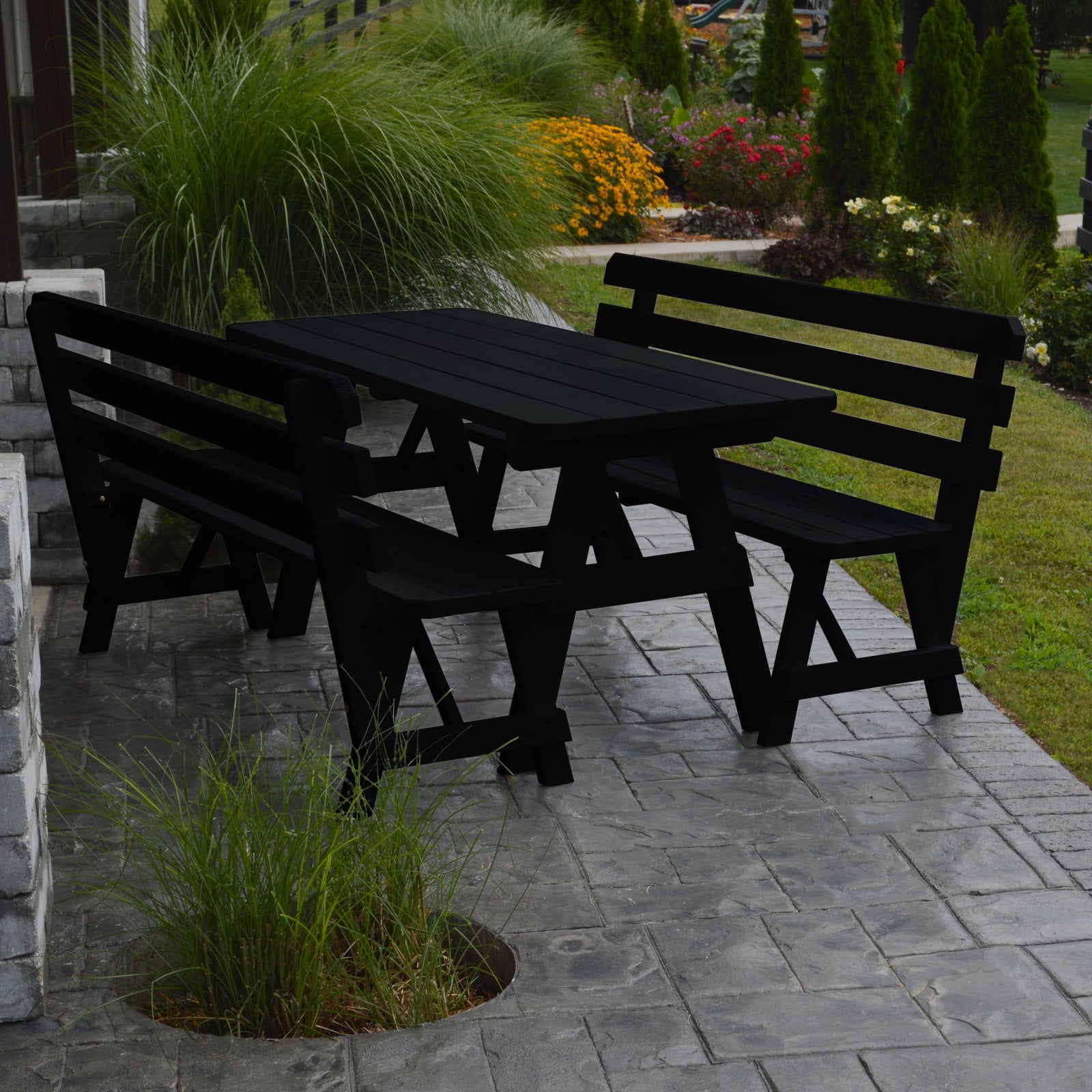 A & L Furniture Yellow Pine Couples Picnic Table with 2 Backed Benches ...