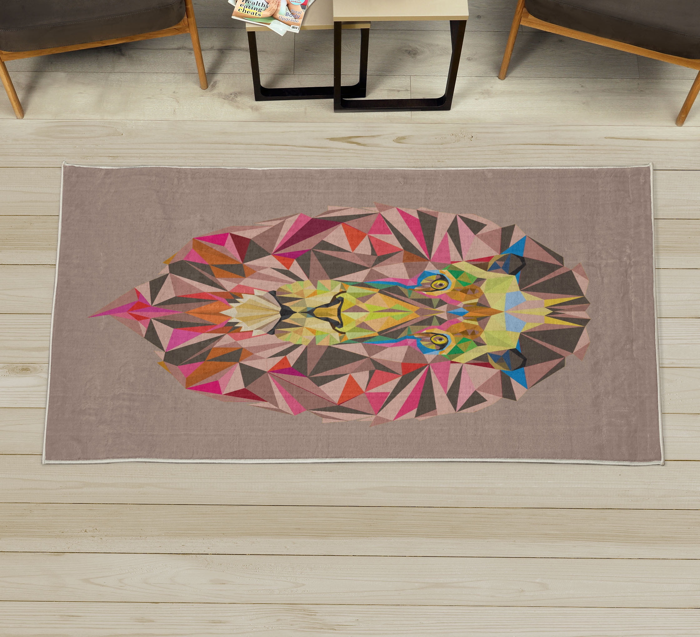 Zoo Decorative Rug, Colorful Animals Geometric Diamond Face Lions Mane ...