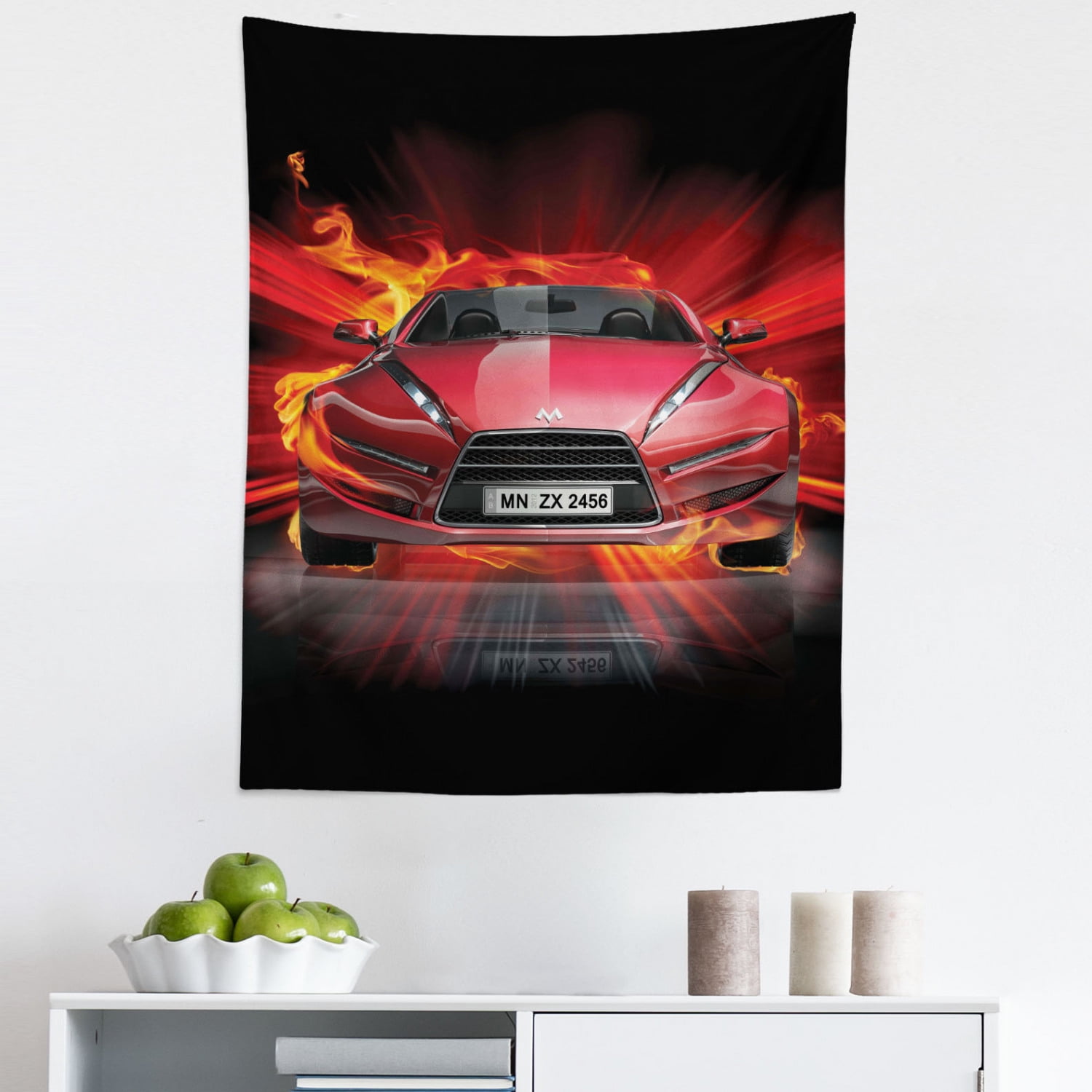 Cars Tapestry, Front View Car Speeding Hot on Abstract Backdrop Concept ...