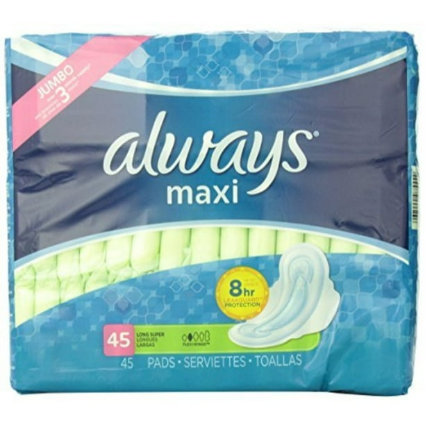 Always Maxi Size 2 Long Super Pads with Wings, Unscented, 45 Count ...