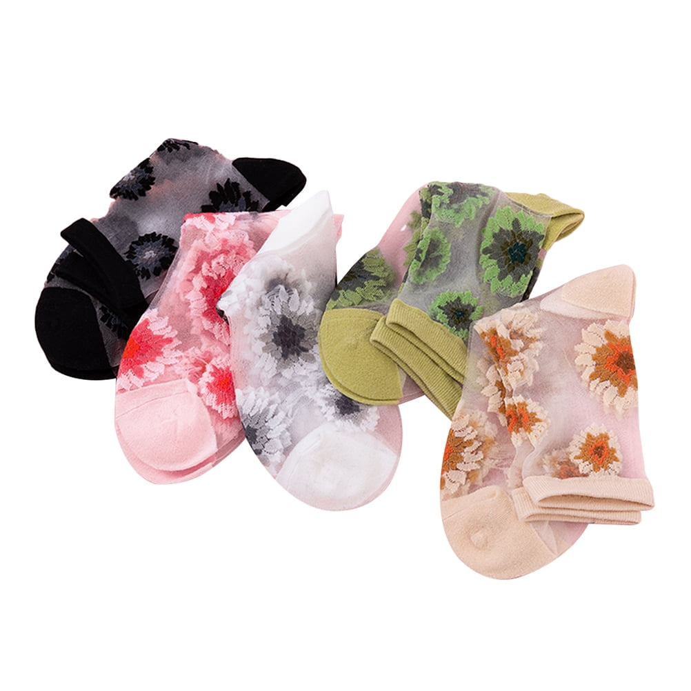 5 Pairs Women Sheer Socks Summer Transparent Thin Mesh Lace Flowers ...