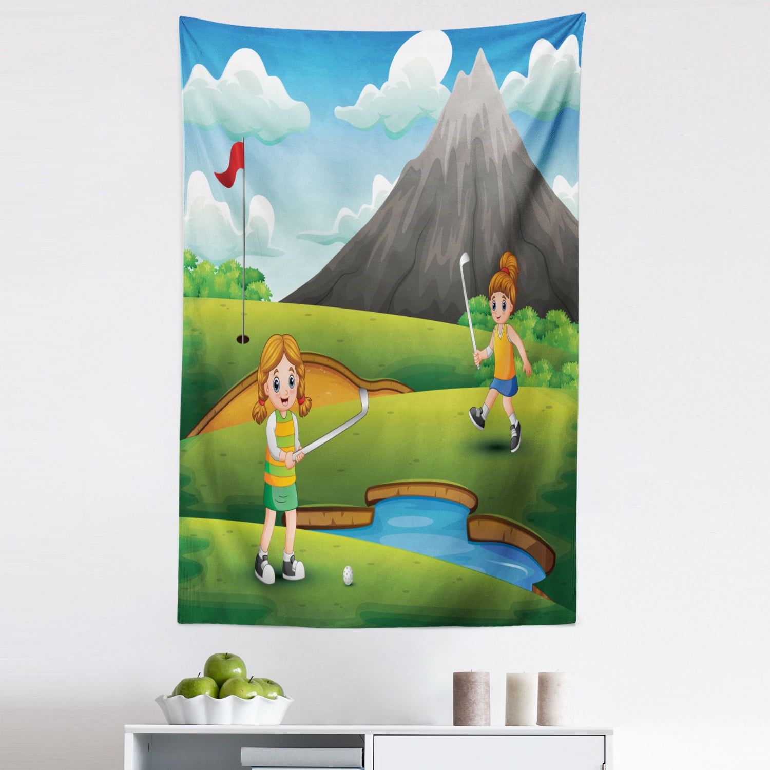 Golf Course Scene Tapestry, Happy Golfer on Field in a Sunny Day ...