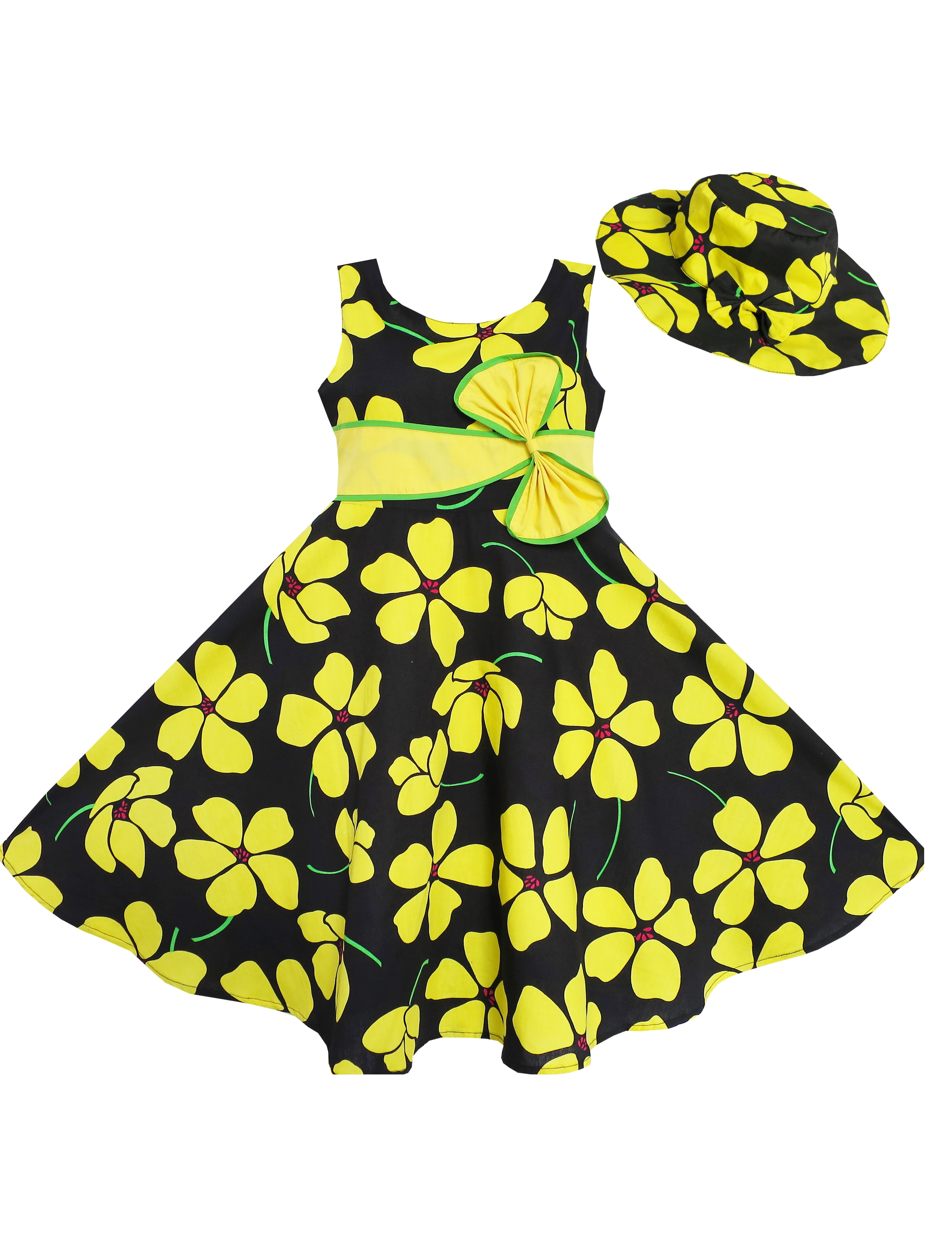 2 Pecs Girls Dress Sun Hat Bow Tie Yellow Summer Beach Kids Clothing 7 ...