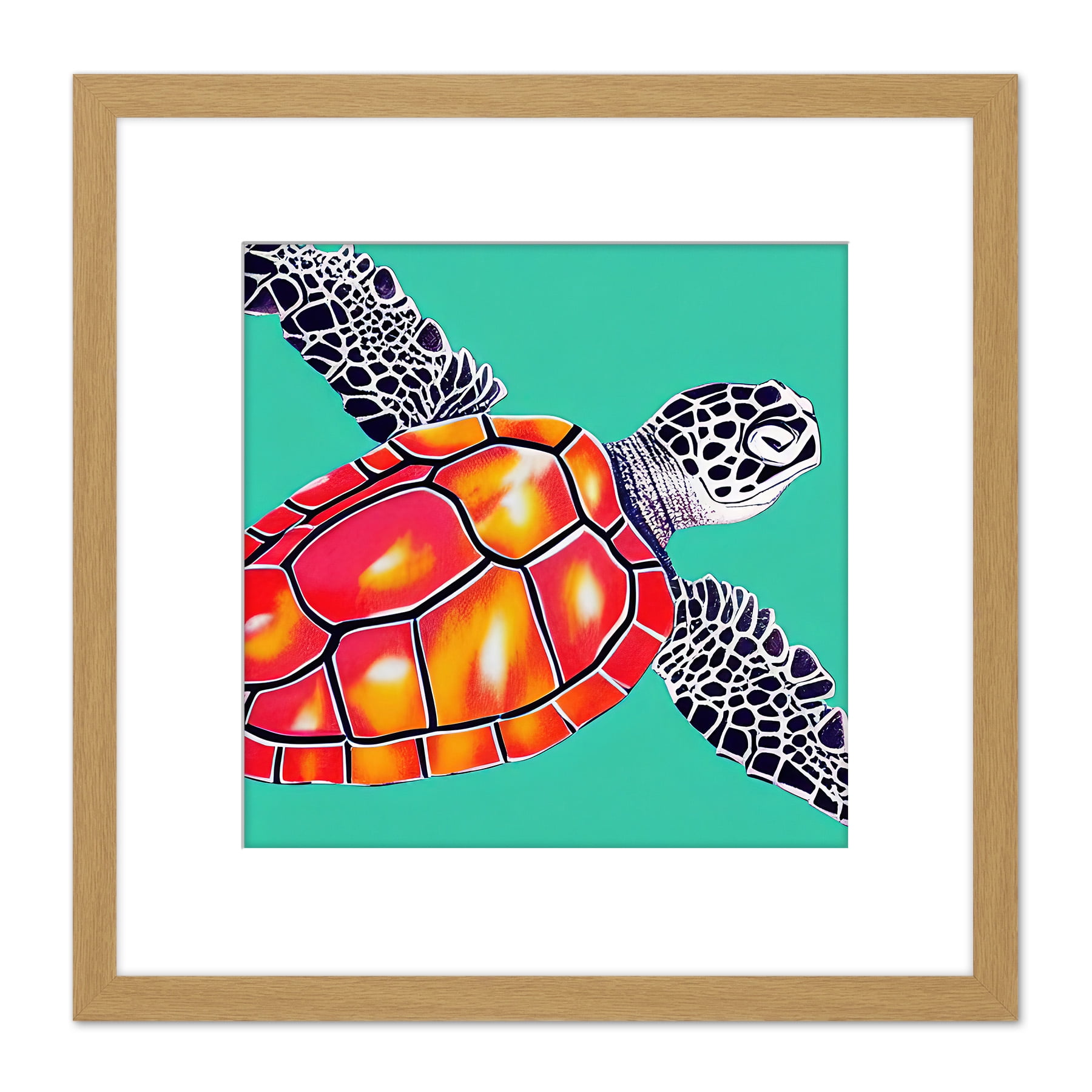 Ocean Loggerhead Turtle Red Shell Watercolour Ink Square Wooden Framed ...