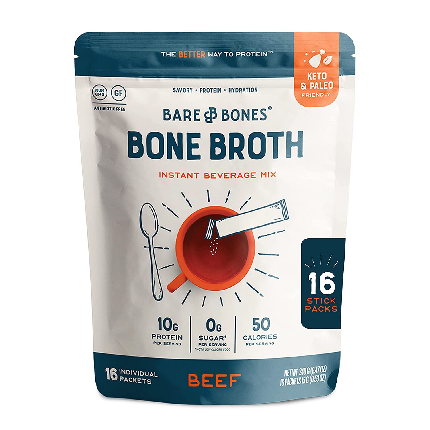 Bare Bones Bone Broth Instant Powdered Mix, Beef, Pack of 16, 15g ...