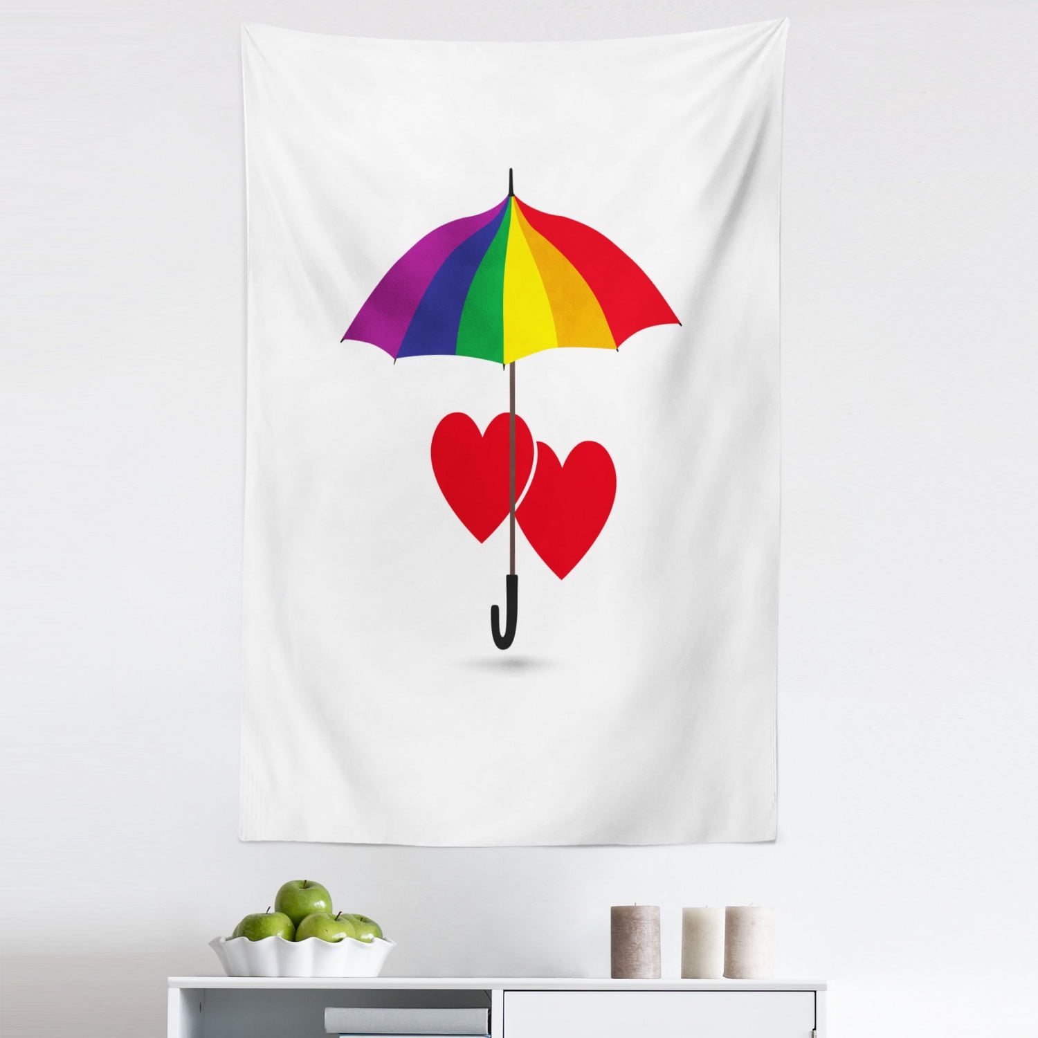 Rainbow Tapestry, Heart Signs over Rainbow Umbrella Romantic LGBT Love ...