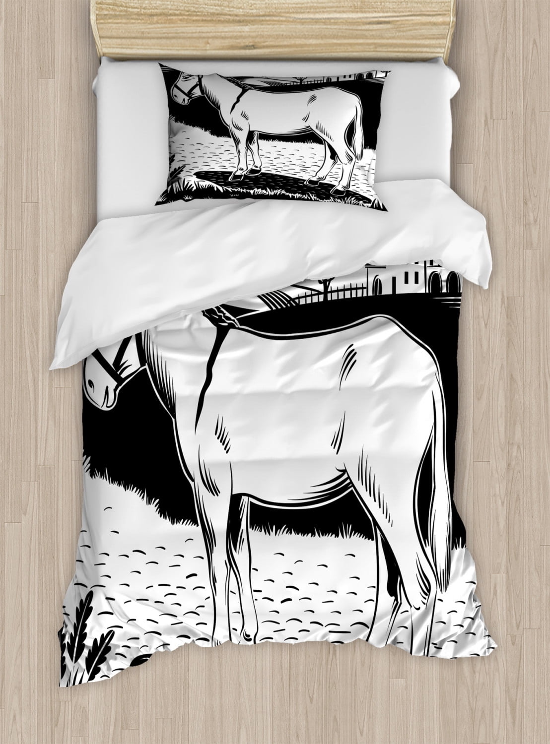 Donkey Duvet Cover Set Twin Size, Donkey Standing on the Side of a Road ...