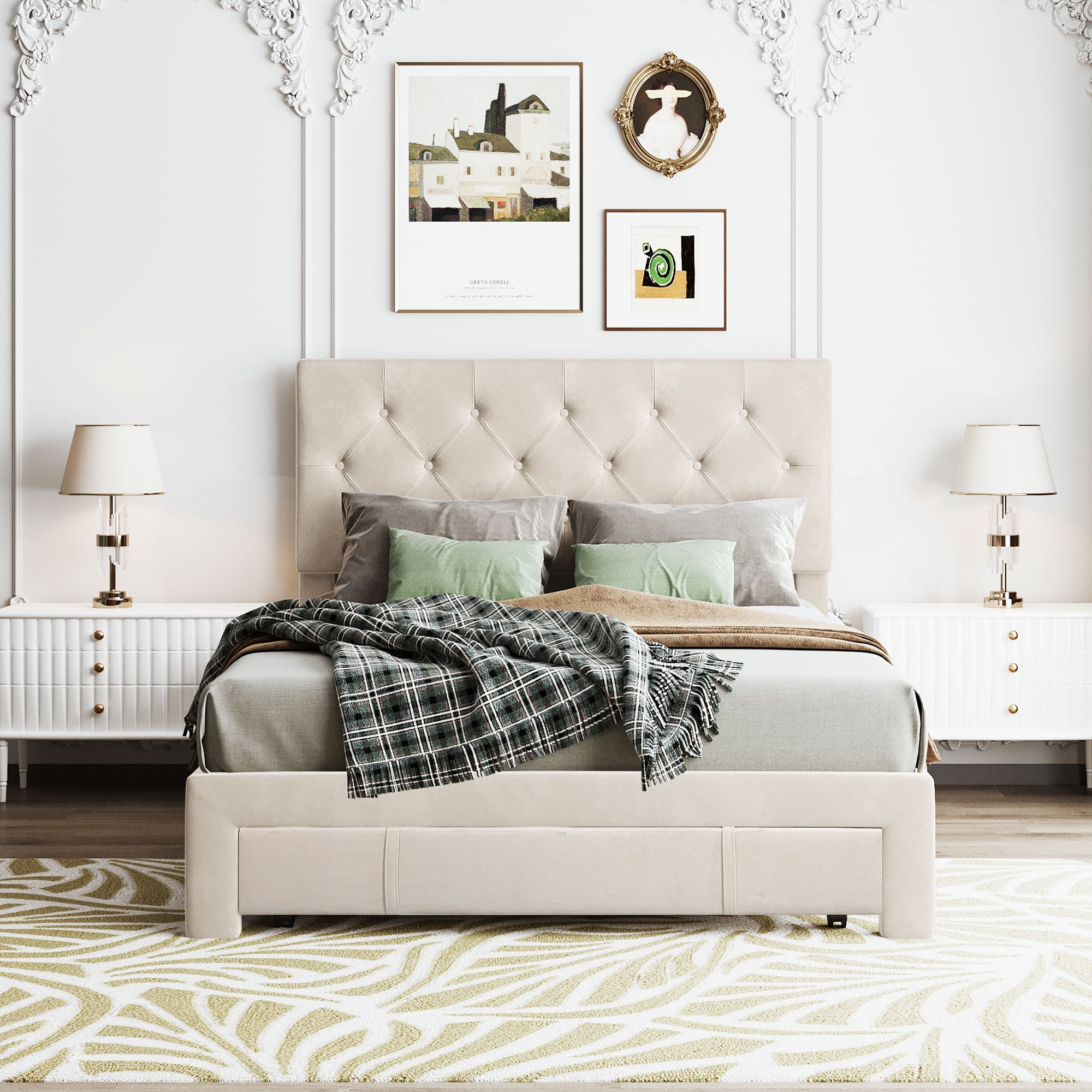 paproos Full Upholstered Storage Bed, Beige Velvet Upholstered Platform ...