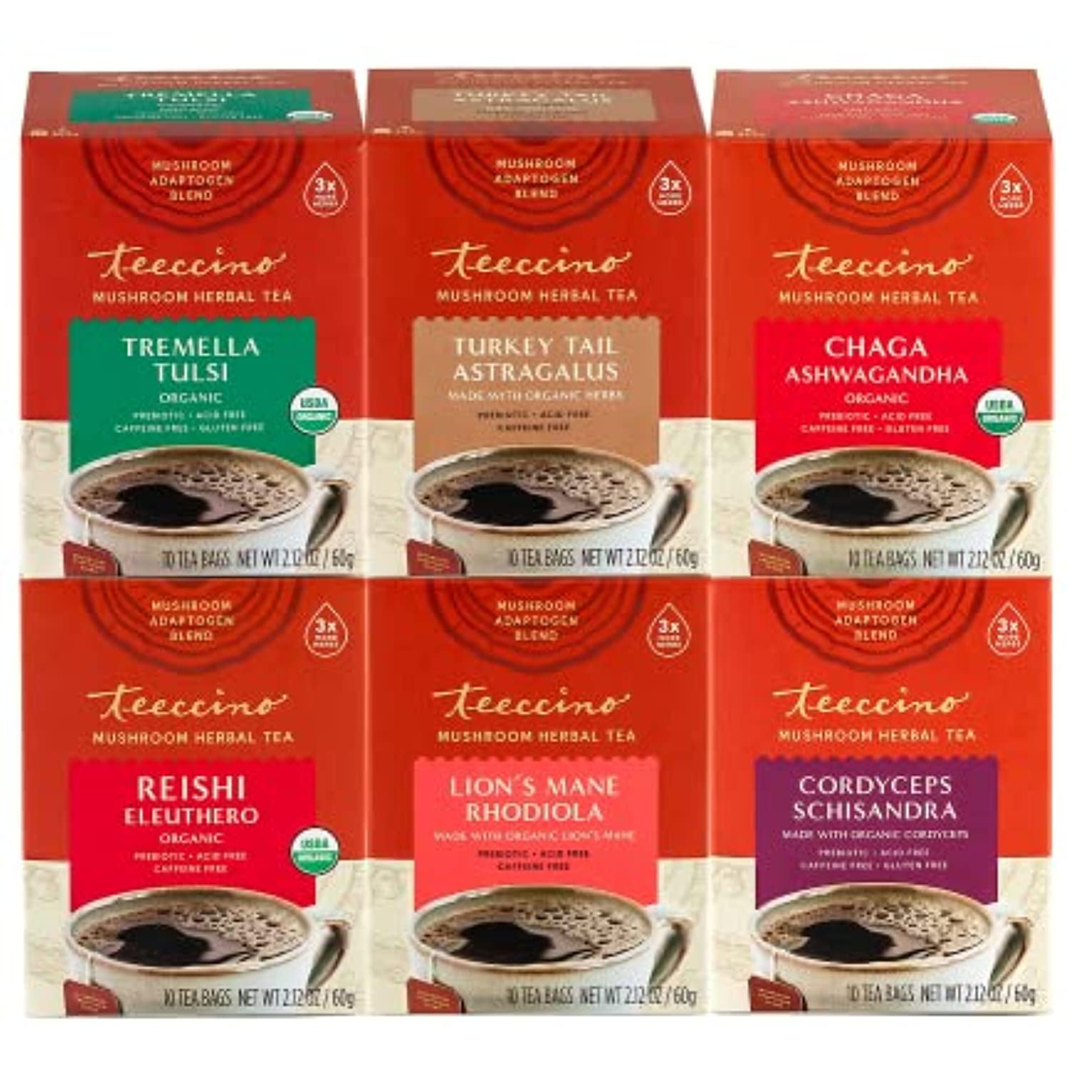 Teeccino Mushroom Tea Variety Pack – Chaga Ashwagandha, Reishi ...