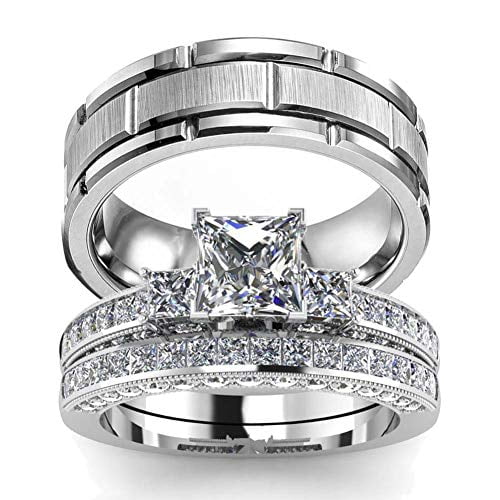 Two Rings His Hers Wedding Ring Sets Couples Matching Rings Women's 2pc ...