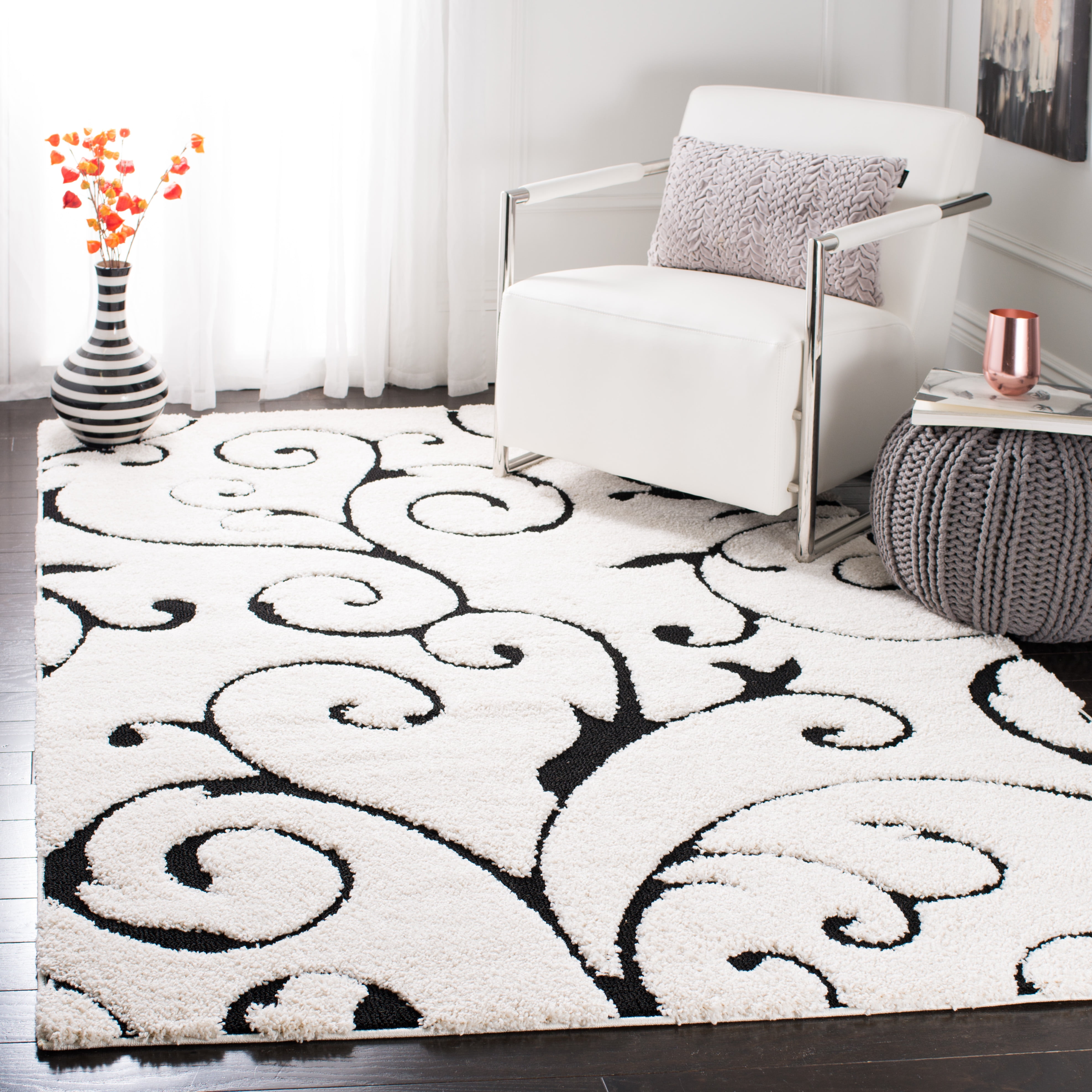 SAFAVIEH Florida Doug Floral Vines Shag Area Rug, Ivory/Black, 3'3" x 5 ...
