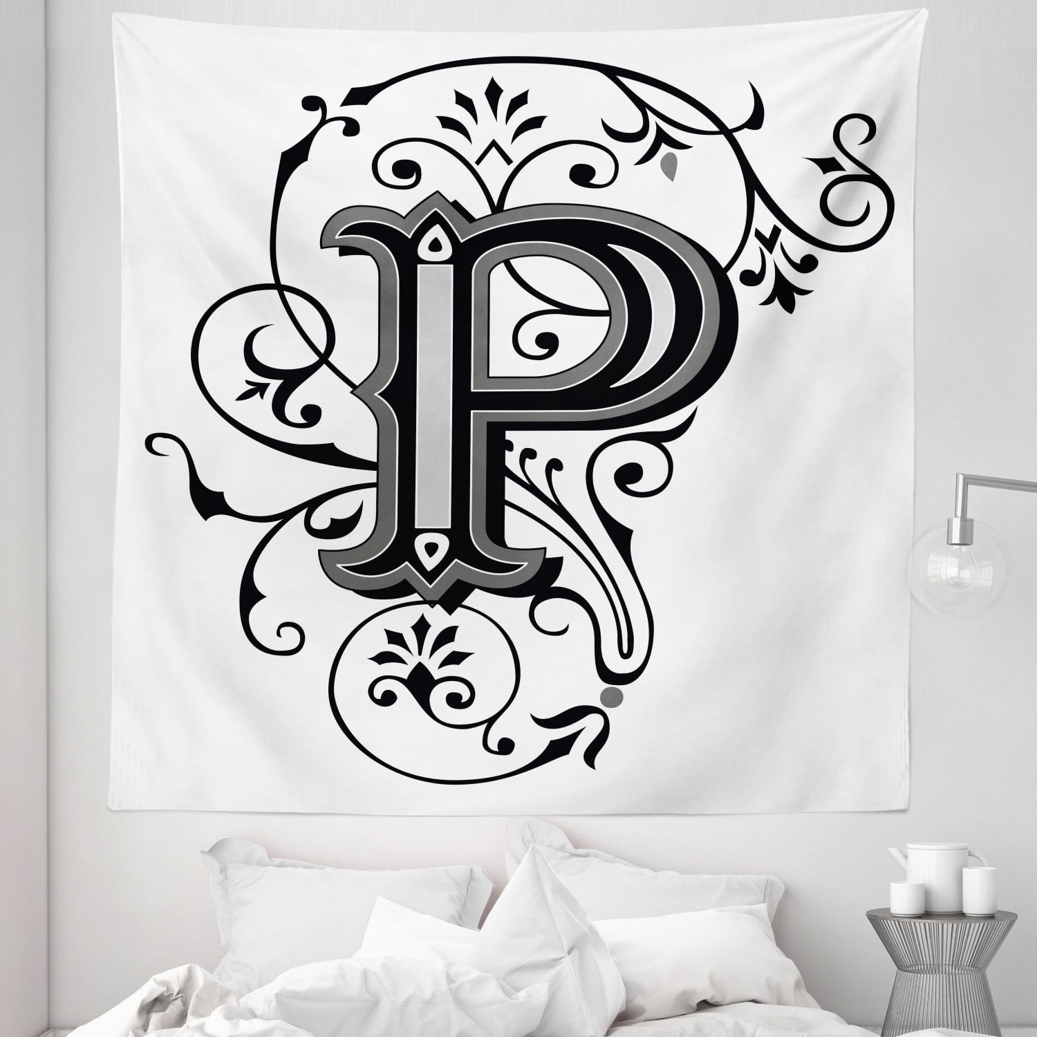 Letter P Tapestry, Floral Swirls Essence Blooms Letters Baroque ...