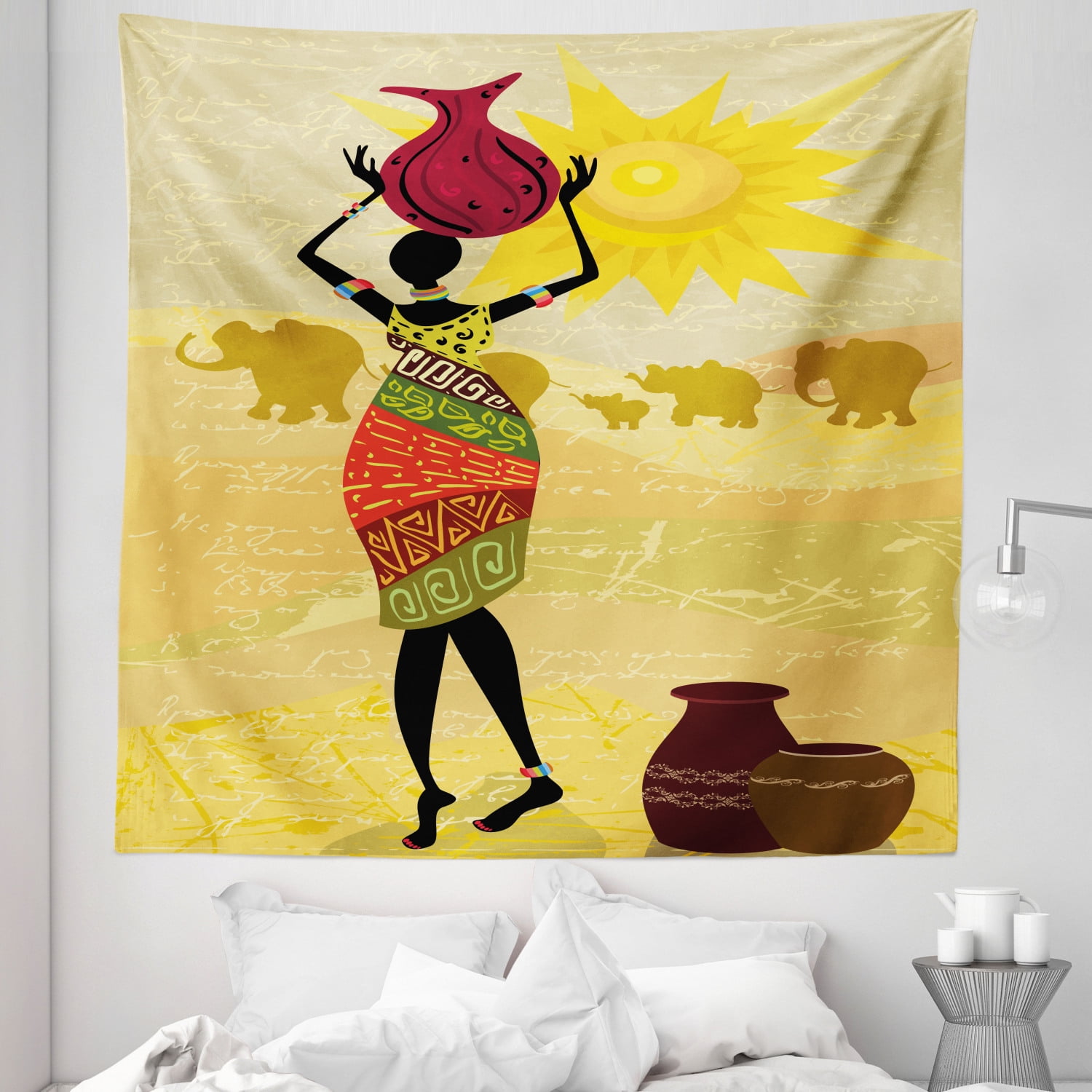 African Tapestry, Vintage Landscape Local Woman Elephants Sun Hand ...