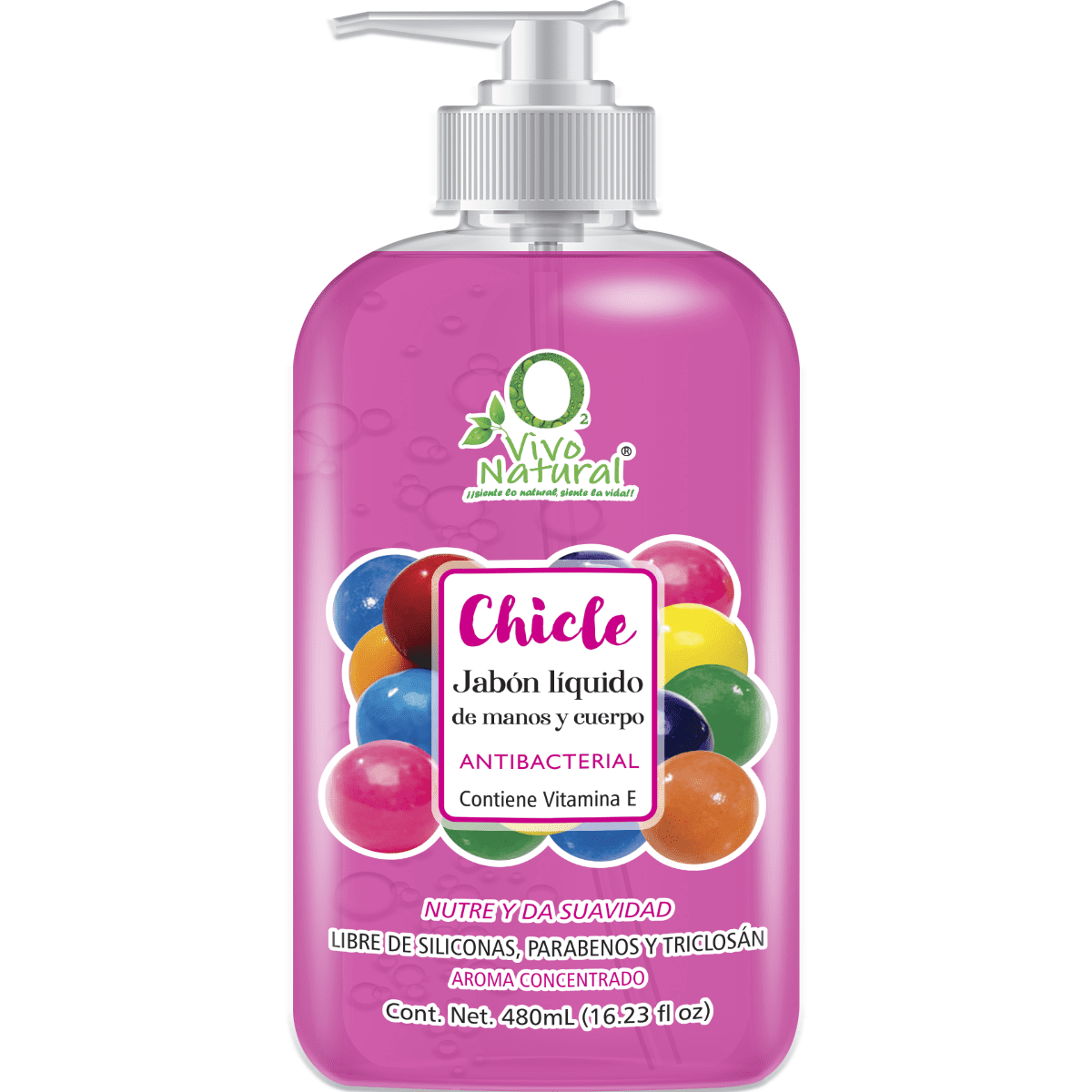 Jabón Líquido Antibacterial VivoNatural para Manos y Cuerpo aroma Chicle 480 ml Con Extracto de ...