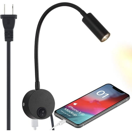 Dimmable Wall Mounted Reading Light with USB Charging Port, LED Bedside ...