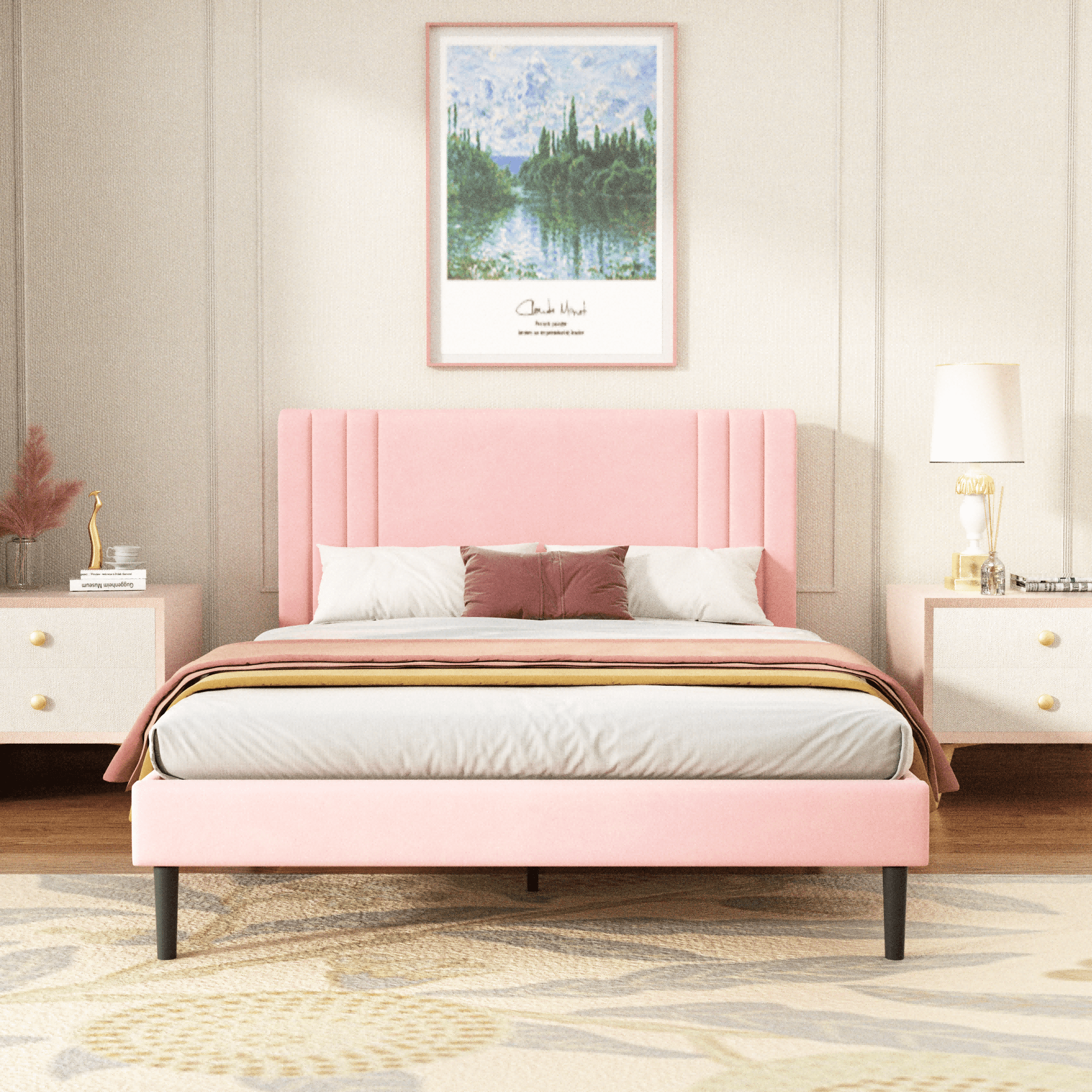 Unizone Full Size Bed Frame with Headboard, Modern Striped Design Style ...