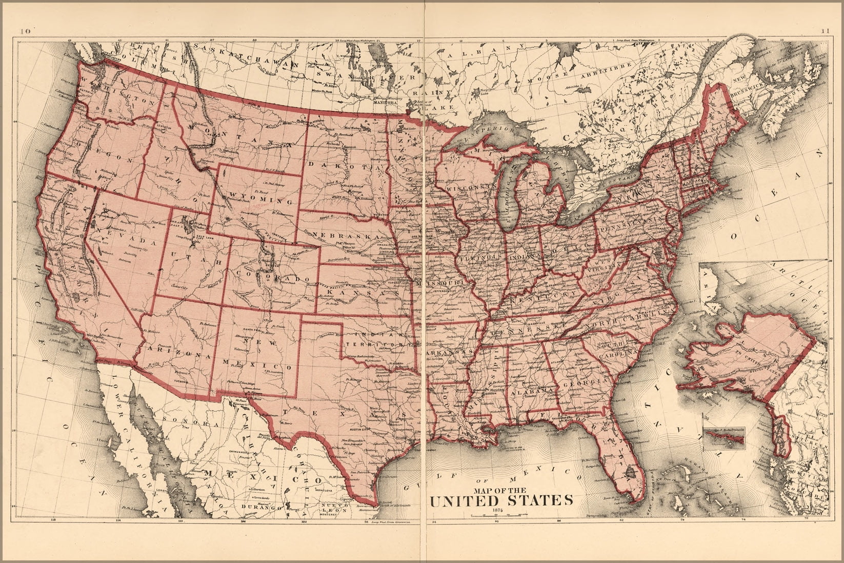 24"x36" Gallery Poster, Map of the United States 1875 - Walmart.com