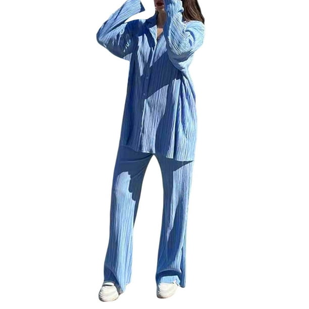 SAYOO Traje de dos piezas para mujeres, camisa de botón de manga larga + traje de pantalones ...