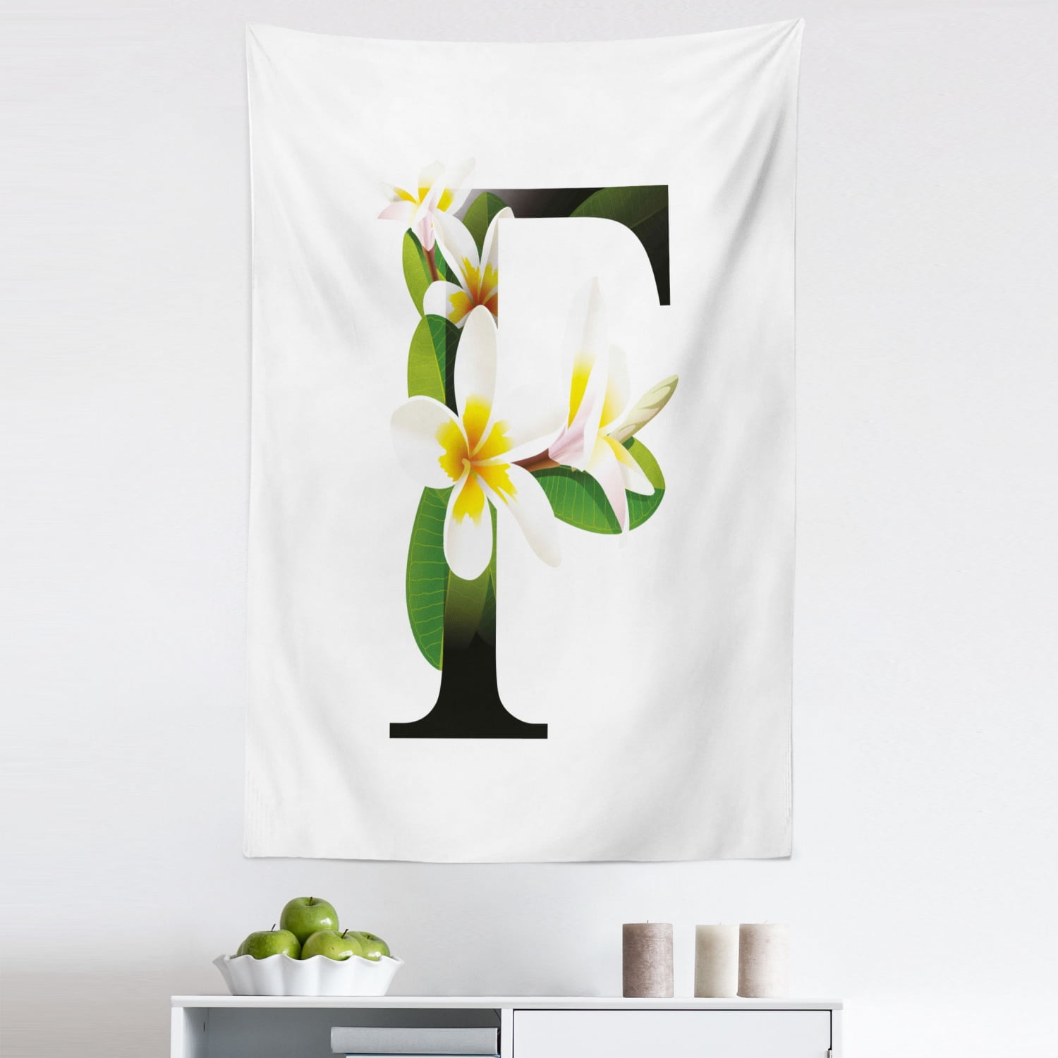 Letter F Tapestry, Frangipani Lively Green Leaves Vibrant Color Floral ...