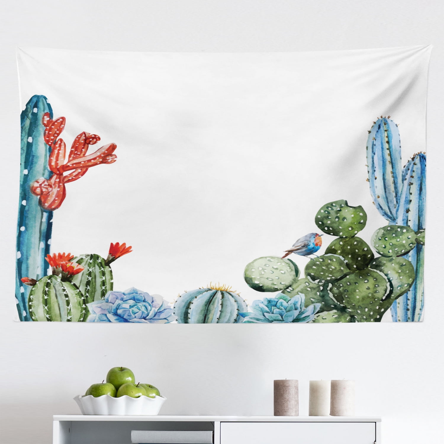 Cactus Tapestry, Cacti Spikes and Red Flowers Mexican Hot Desert ...