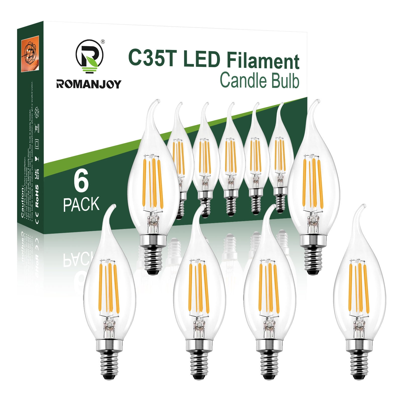 ROMANJOY LED Candelabra Bulb Flame Tip 40W Equivalent Dimmable E12 ...
