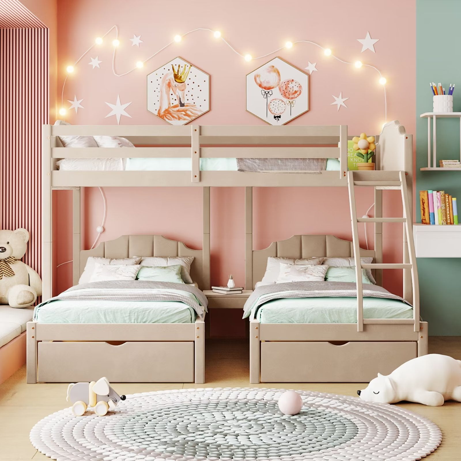 Triple Bunk Beds for Kids, Full/Twin, Velvet Upholstered, 3 Drawers ...