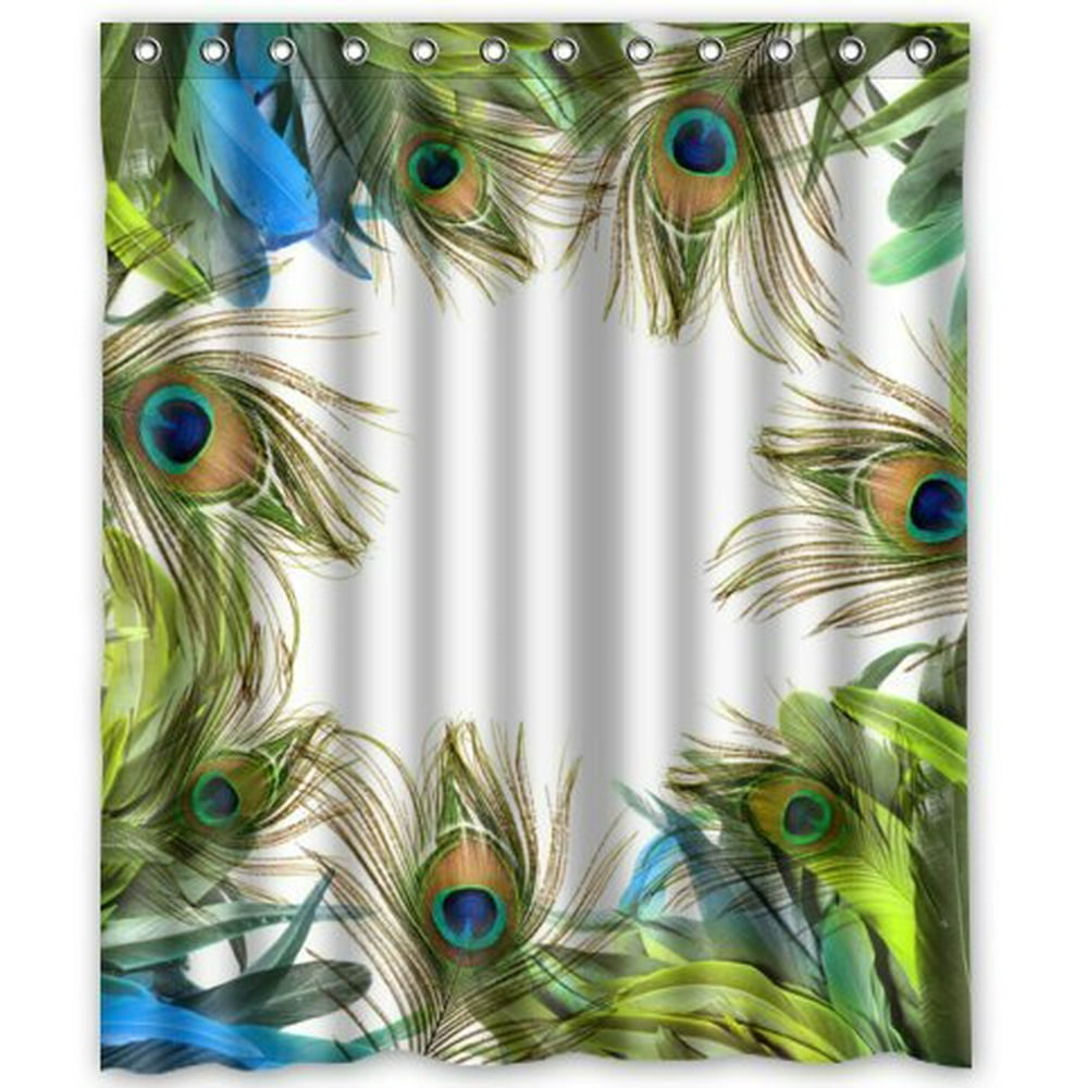 Hellodecor Peacock Feather Shower Curtain Polyester Fabric Bathroom