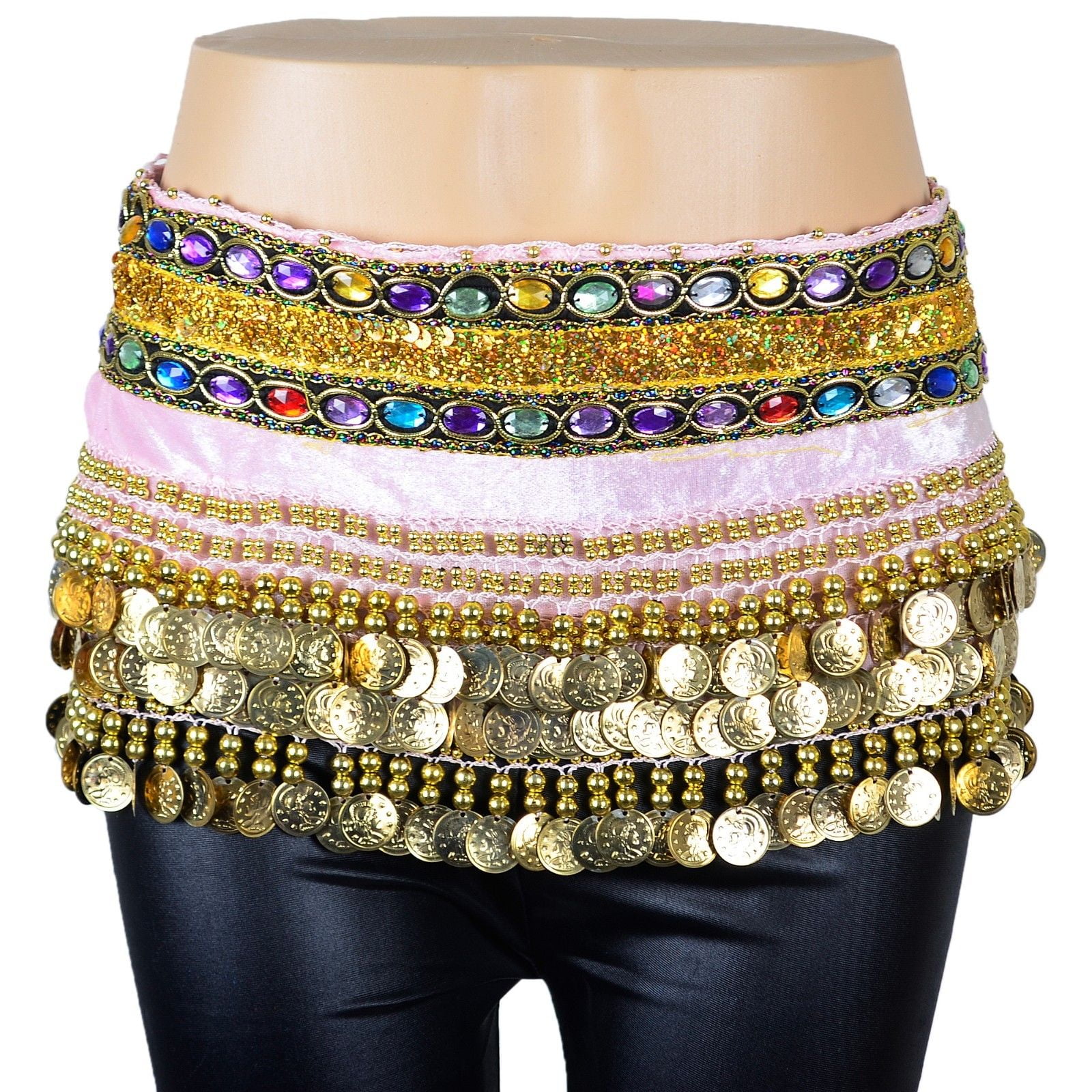 Velvet Belly Dance Hip Scarf With Gold Coins Faux Gemstone Sequins